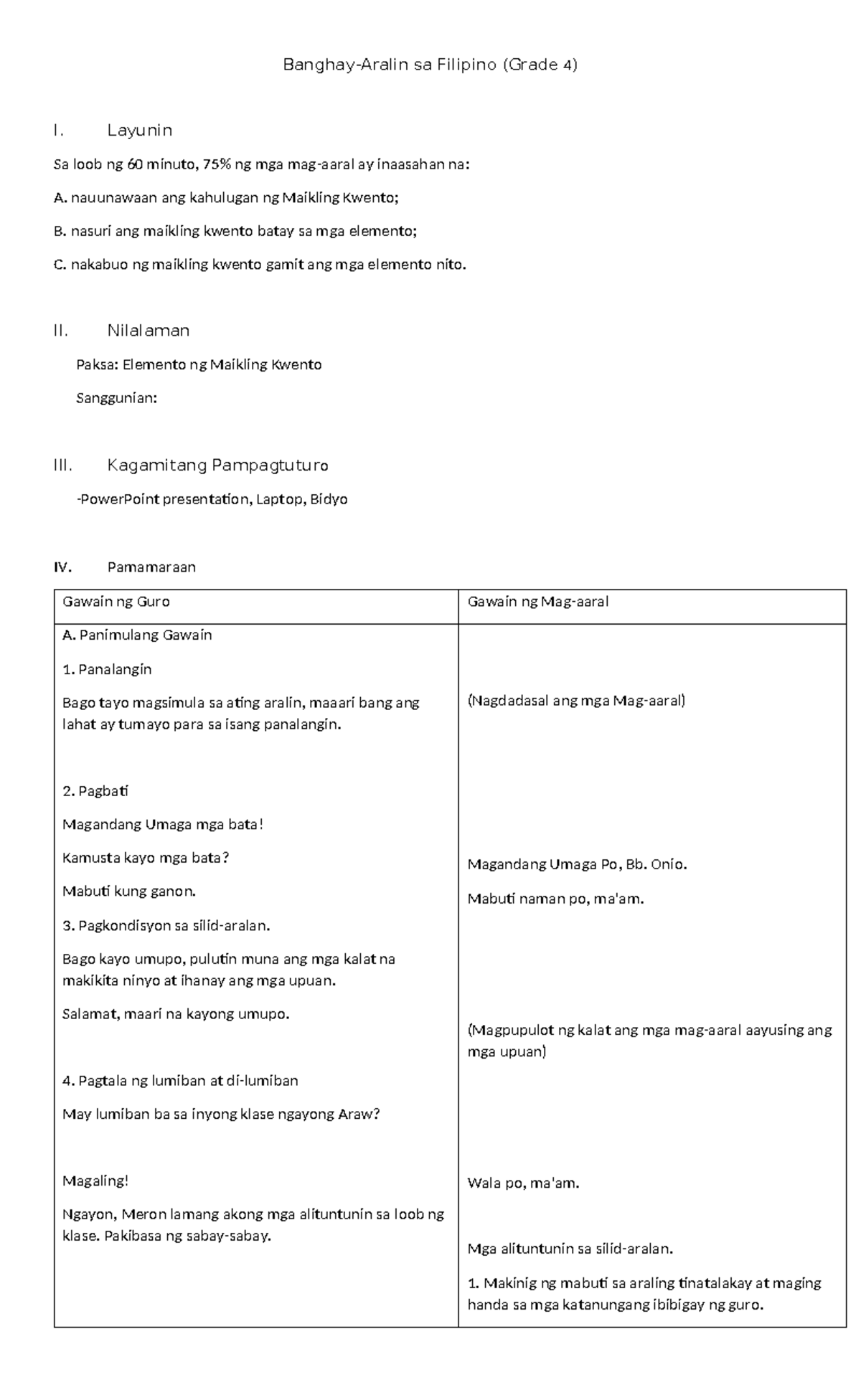 Banghay-Aralin Onio Cherryl Joy 3-C - Banghay-Aralin sa Filipino (Grade ...