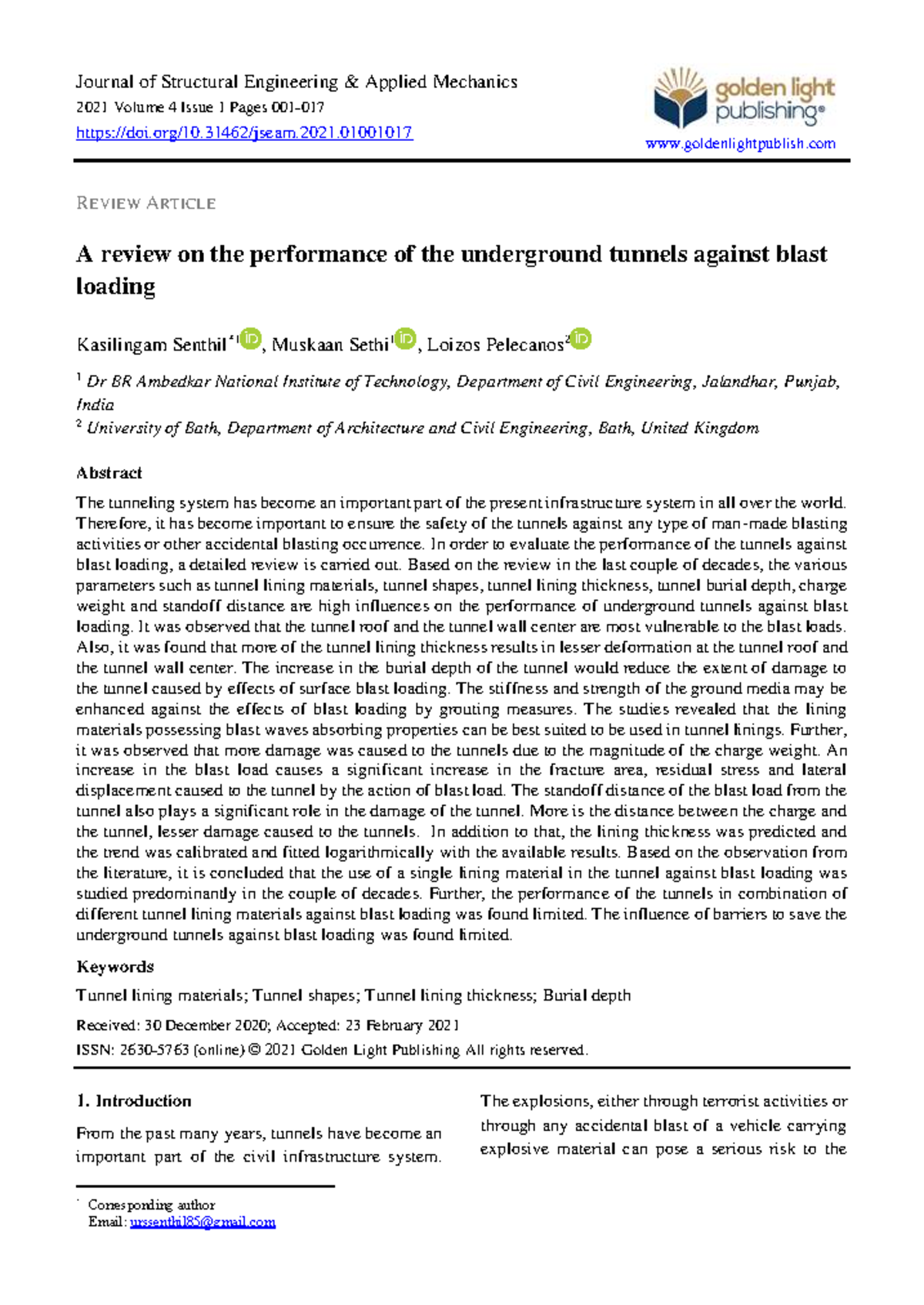 A Review on Underground Tunnels Performance Against Blast Loading (ENG ...
