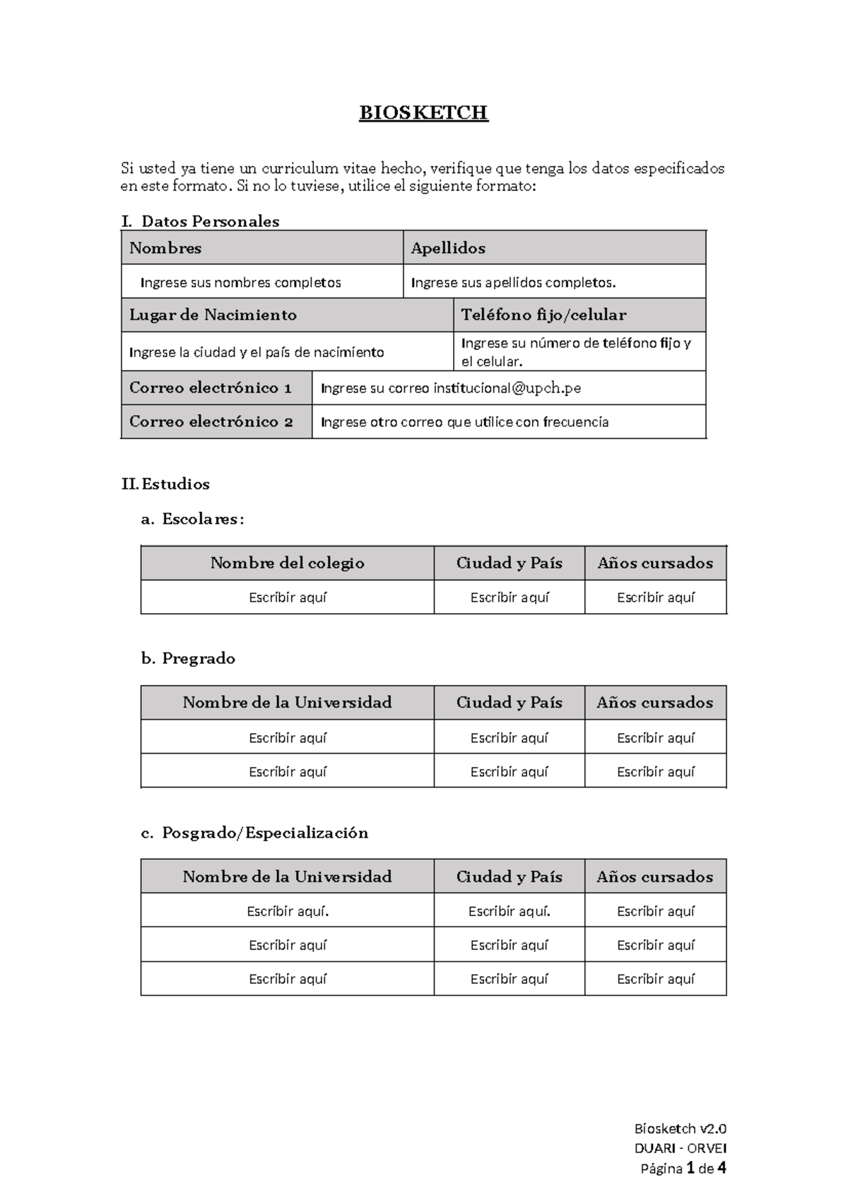 Biosketch v2.0: Formato y Ejemplo para Curriculum Vitae - Studocu
