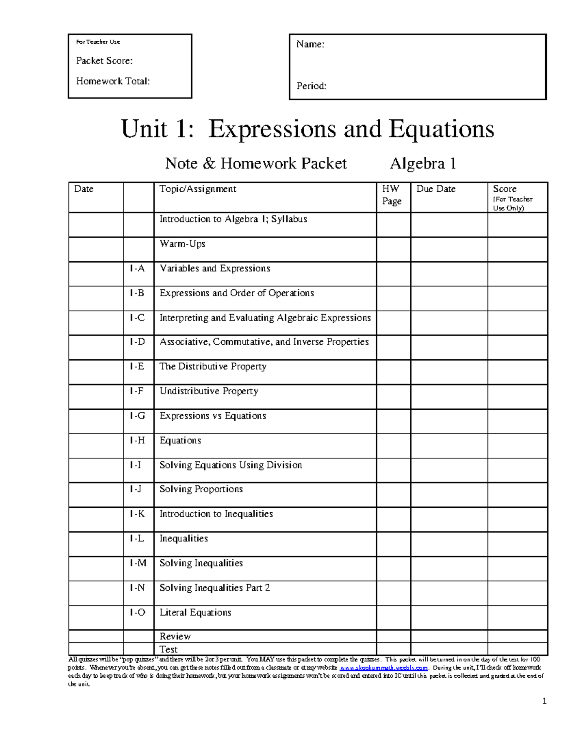 Algebra 1 Unit 1: Expressions & Equations Homework Packet - Studocu