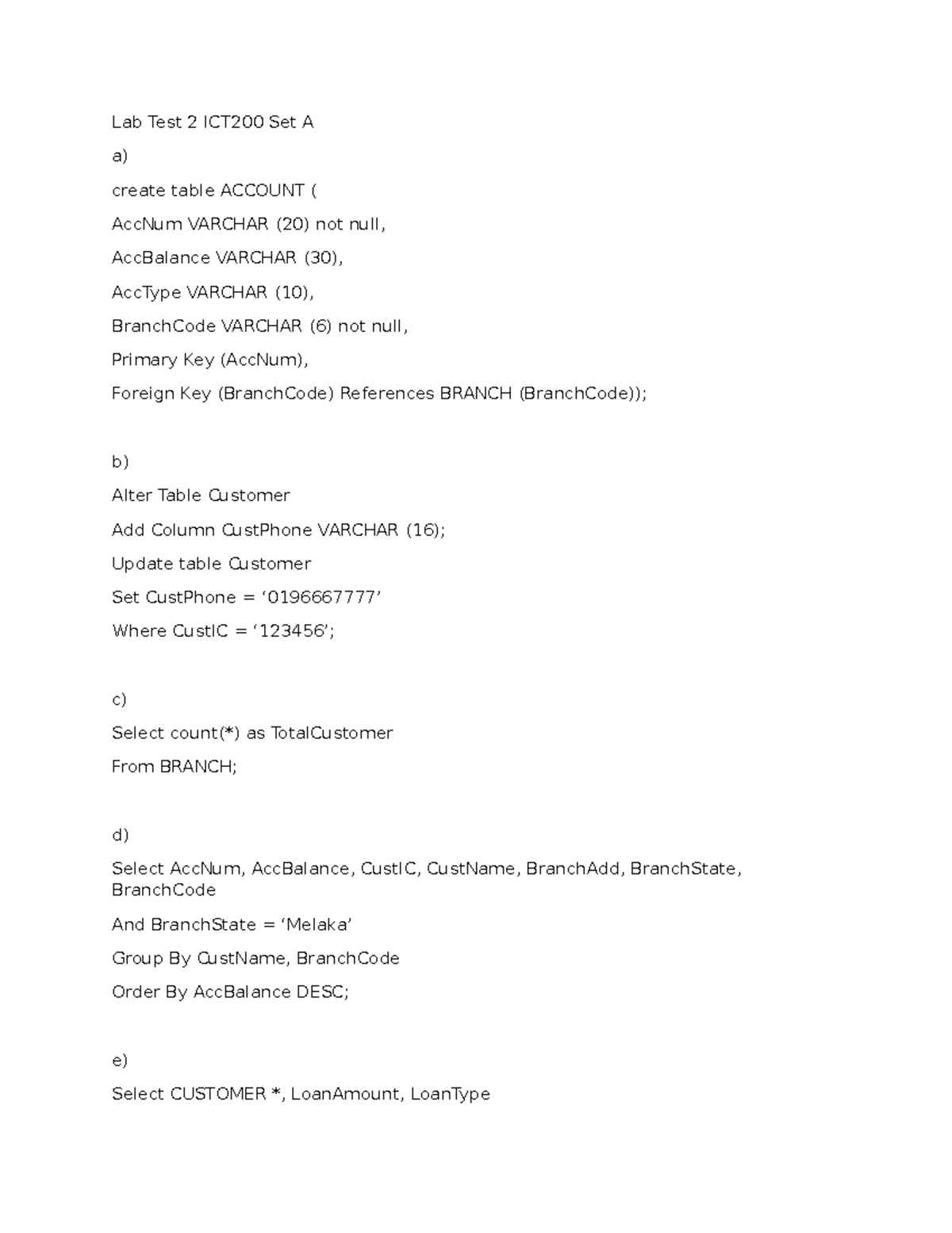 Lab Test 2 ICT200: Database Management and SQL Queries - Studocu