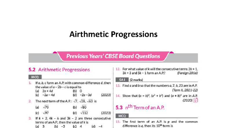 Airthmetic Progressions Previous CBSE Board Questions 5.2 AP Study ...