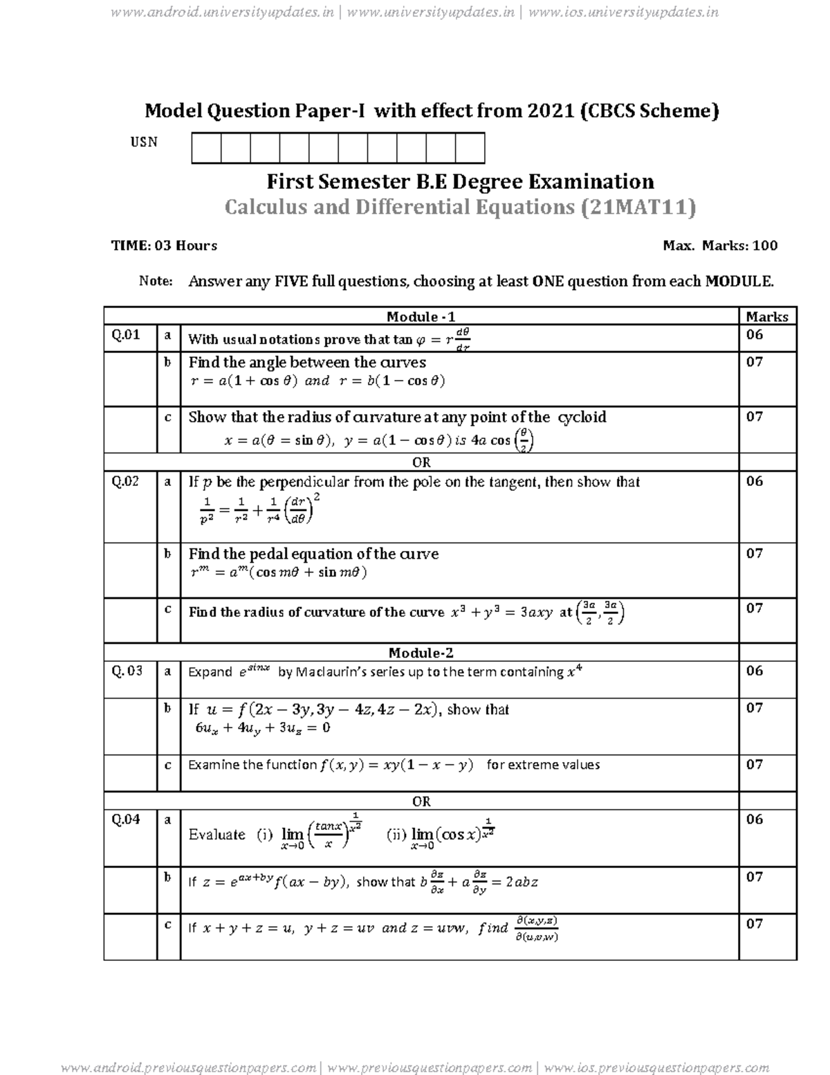 21MAT11 Set 1 - Model Question Paper for Calculus & Differential Eqns ...