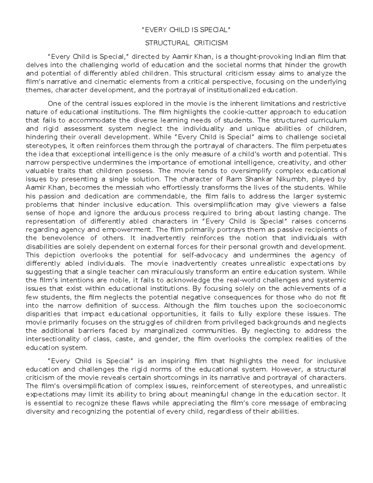 Structural Critique of "Every Child is Special" - An In-Depth Analysis ...