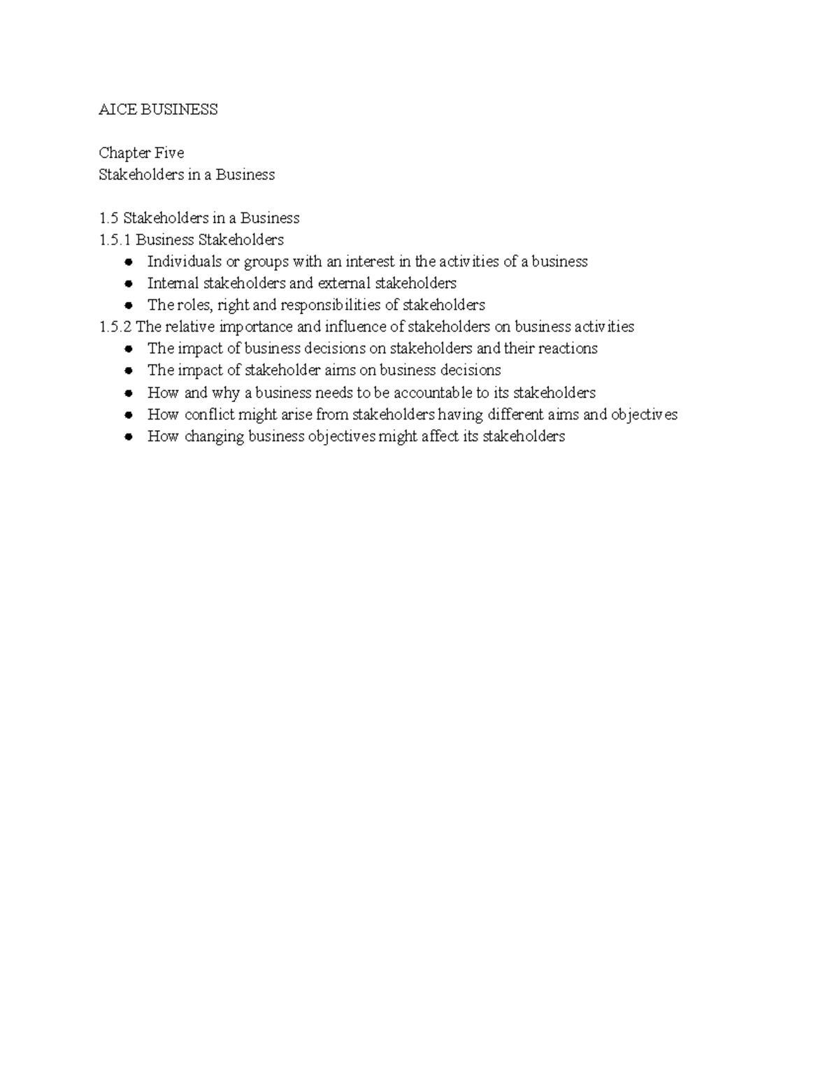 AICE BUSINESS: Chapter 5 - Understanding Stakeholders in Business - Studocu