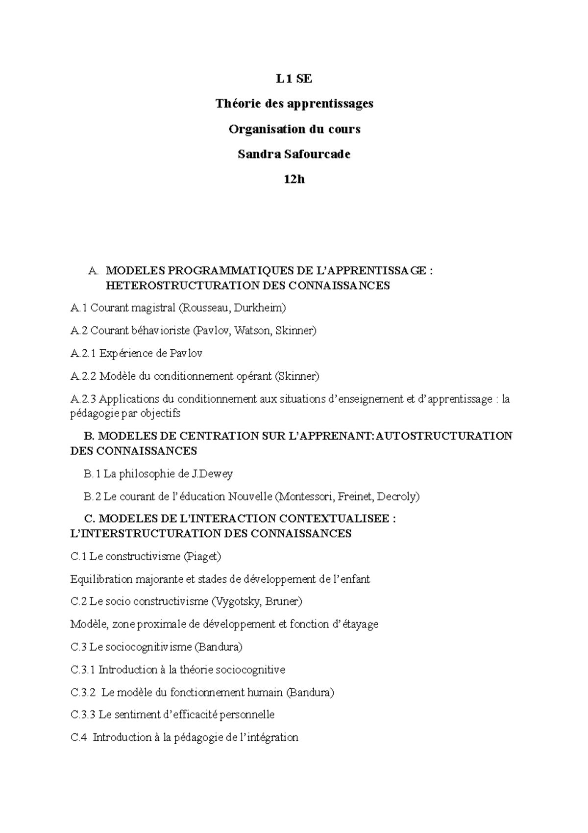 Plan cours Licence 1 SE - S. Safourcade - L1 SE Théorie des ...