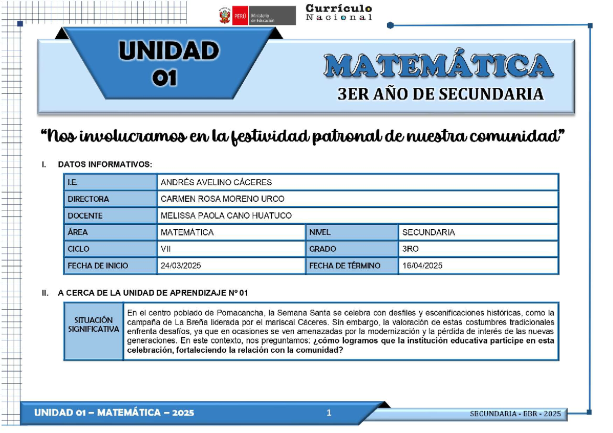 Unidad 01: Matemática - 3ER AÑO SECUNDARIA - Currículo 2025 - Studocu