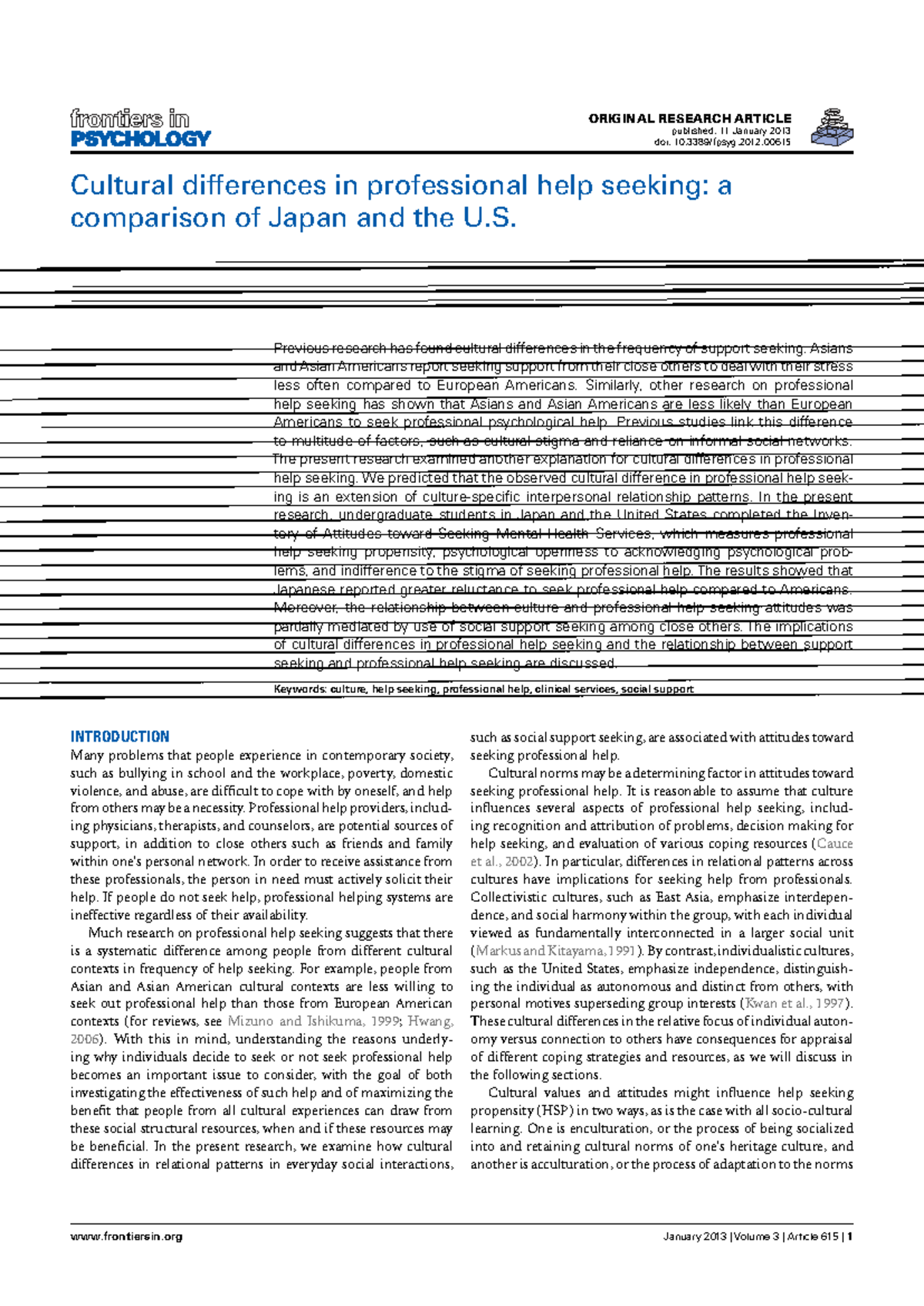 Cultural Differences in Professional Help Seeking: Japan vs. U.S. - Studocu