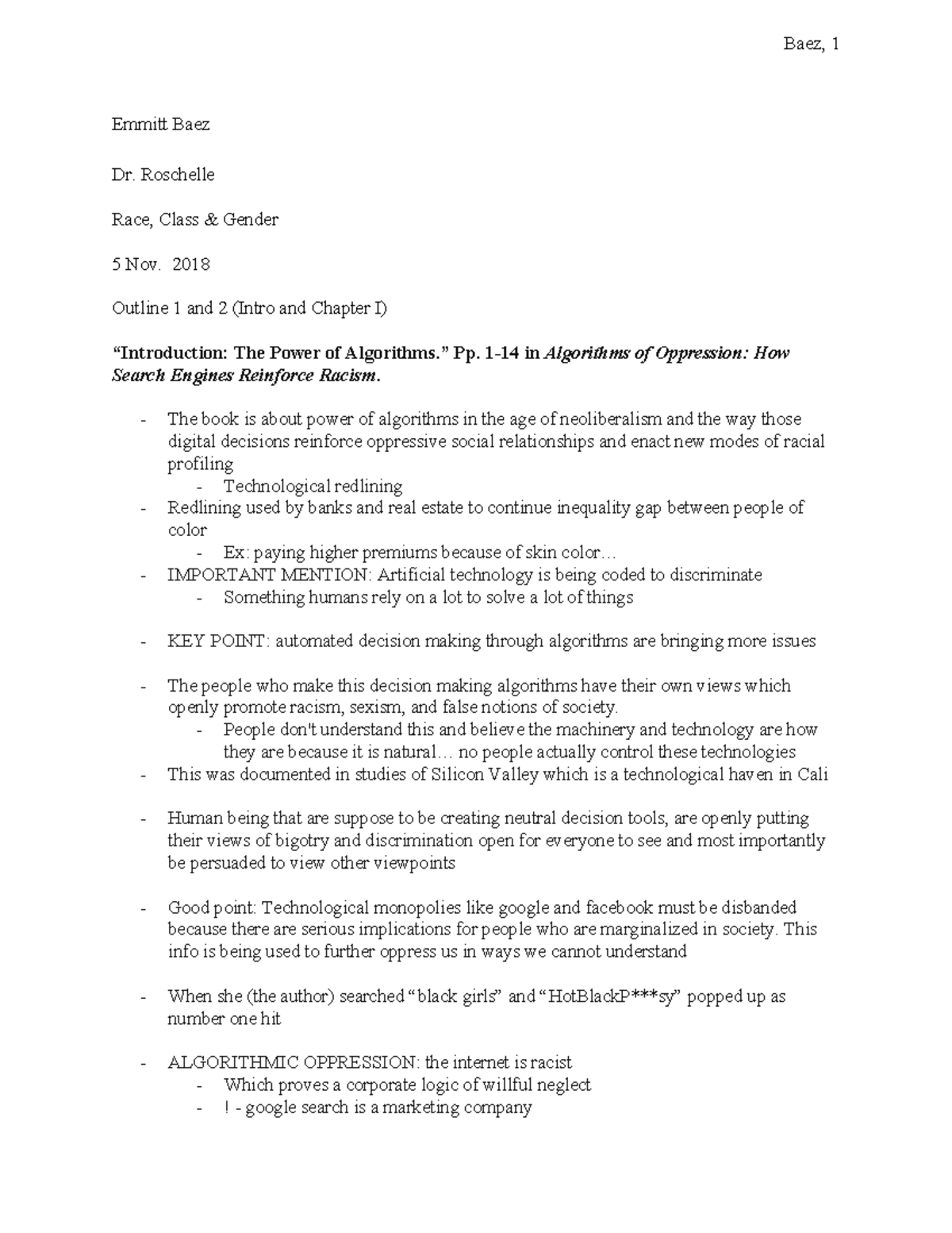 Algorithms of Oppression - Intro and Chapter 1 outline PDF - Emmitt ...