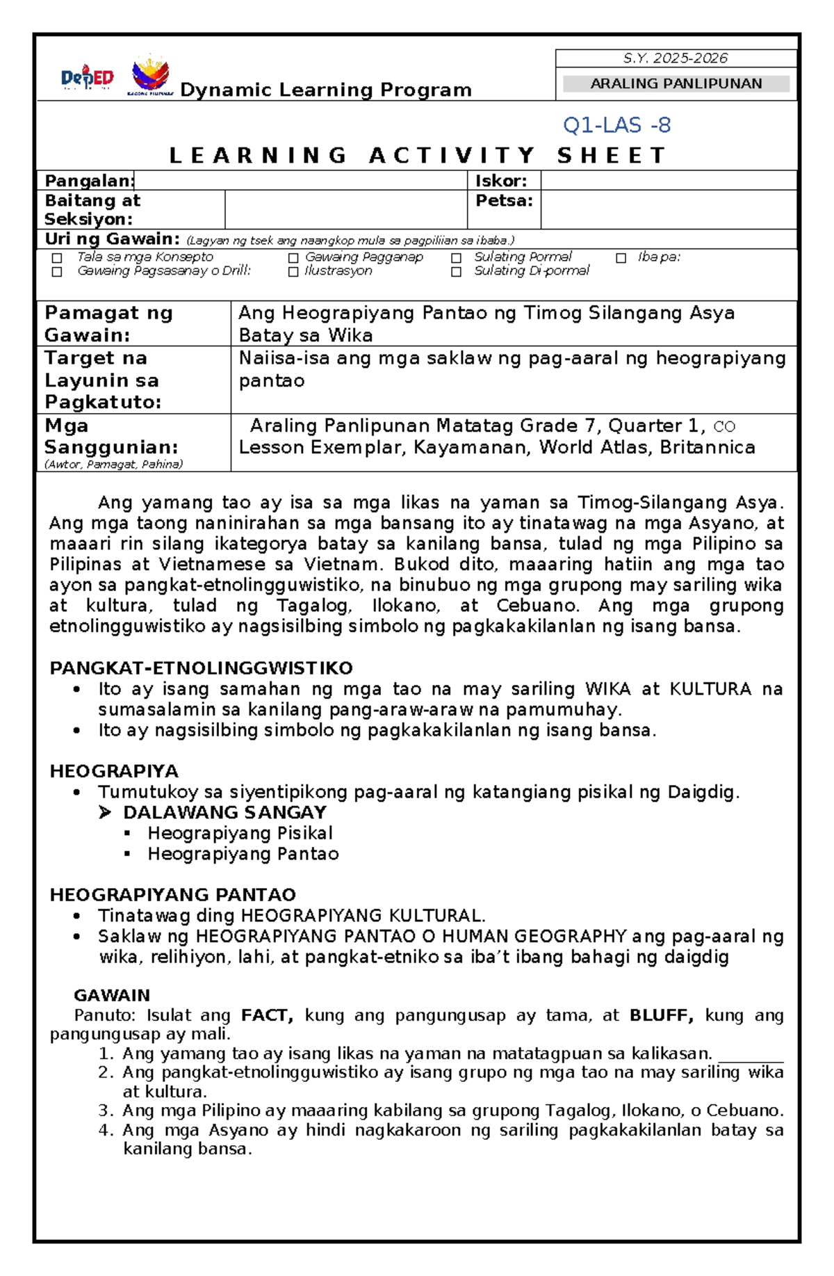 LEARNING ACTIVITY SHEET: ARALING PANLIPUNAN 7 - HEOGRAPIYA - Studocu