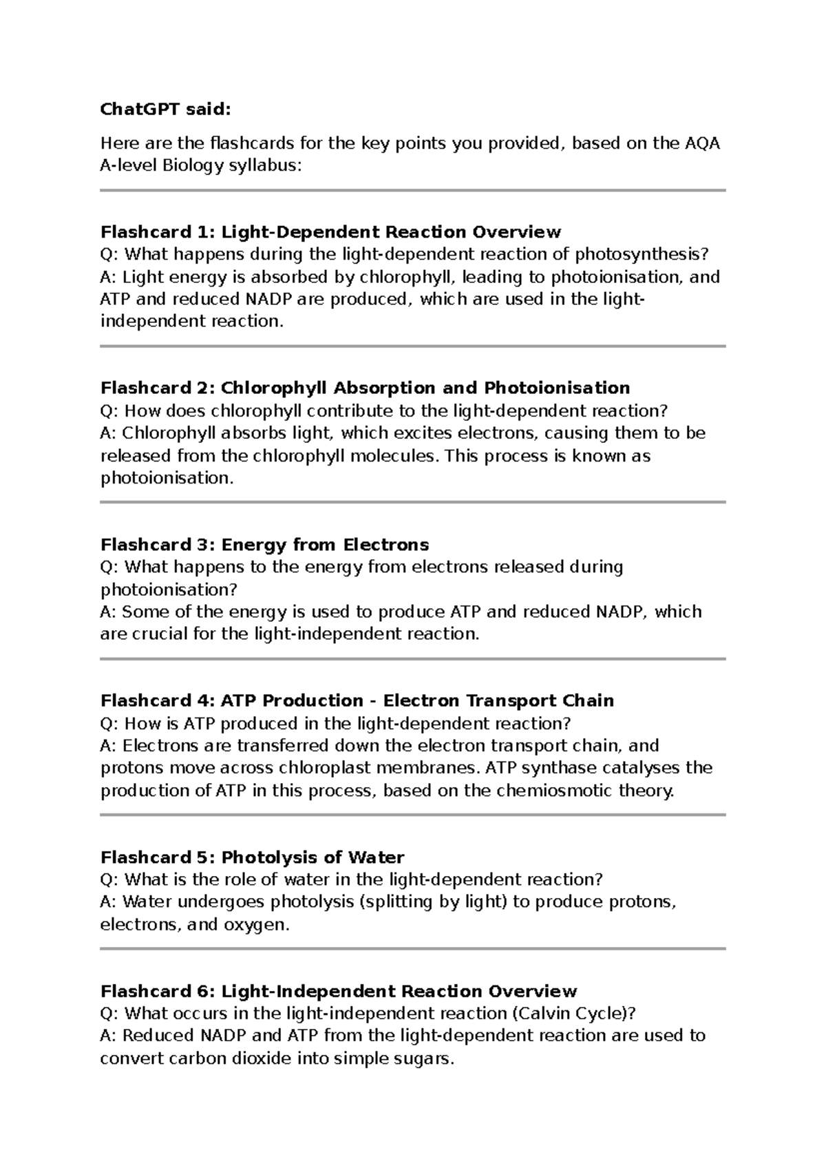 Photosynthesis - AQA Biology Notes & Flashcards for Exam Prep - Studocu
