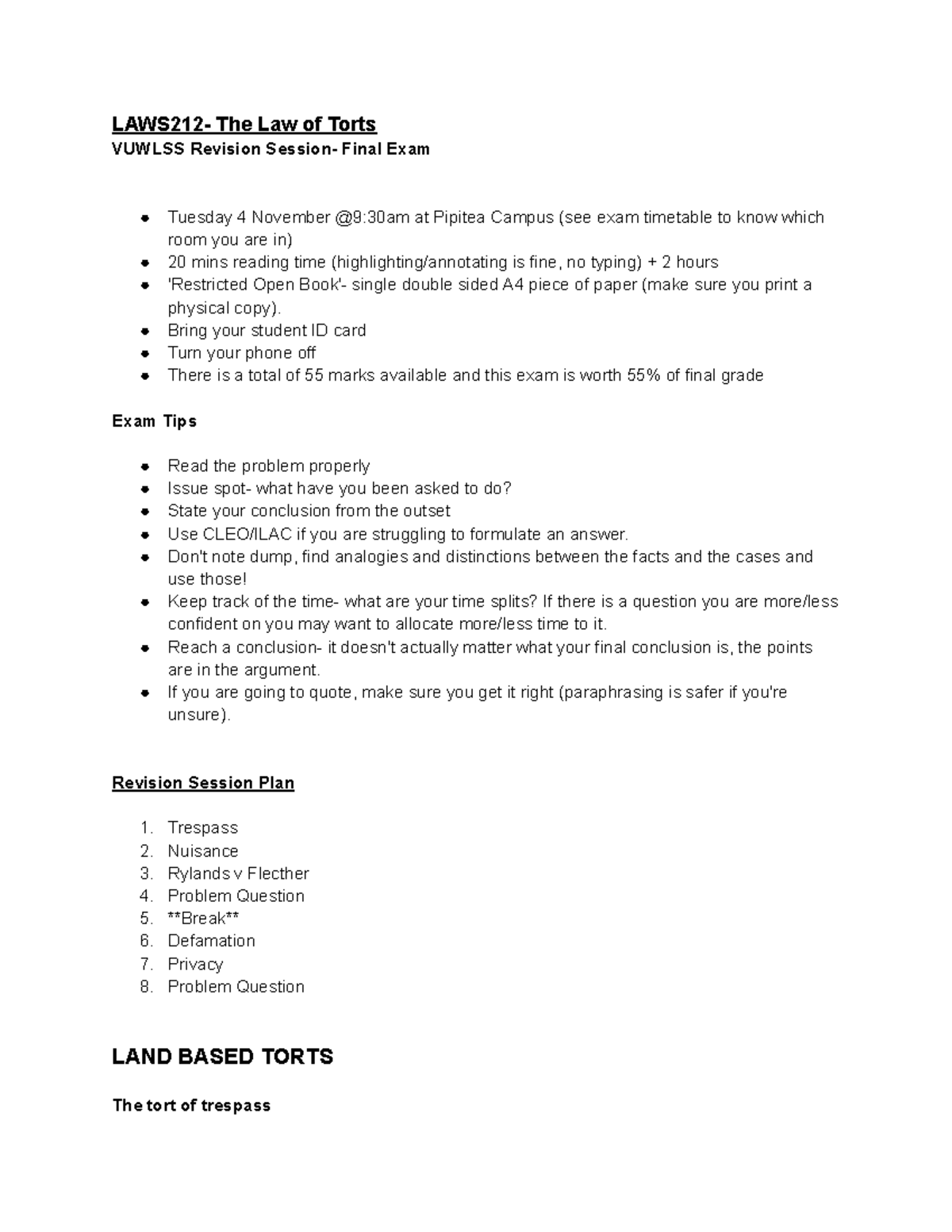 LAWS212 VUWLSS Revision Final Exam Guide for November 4 - Studocu