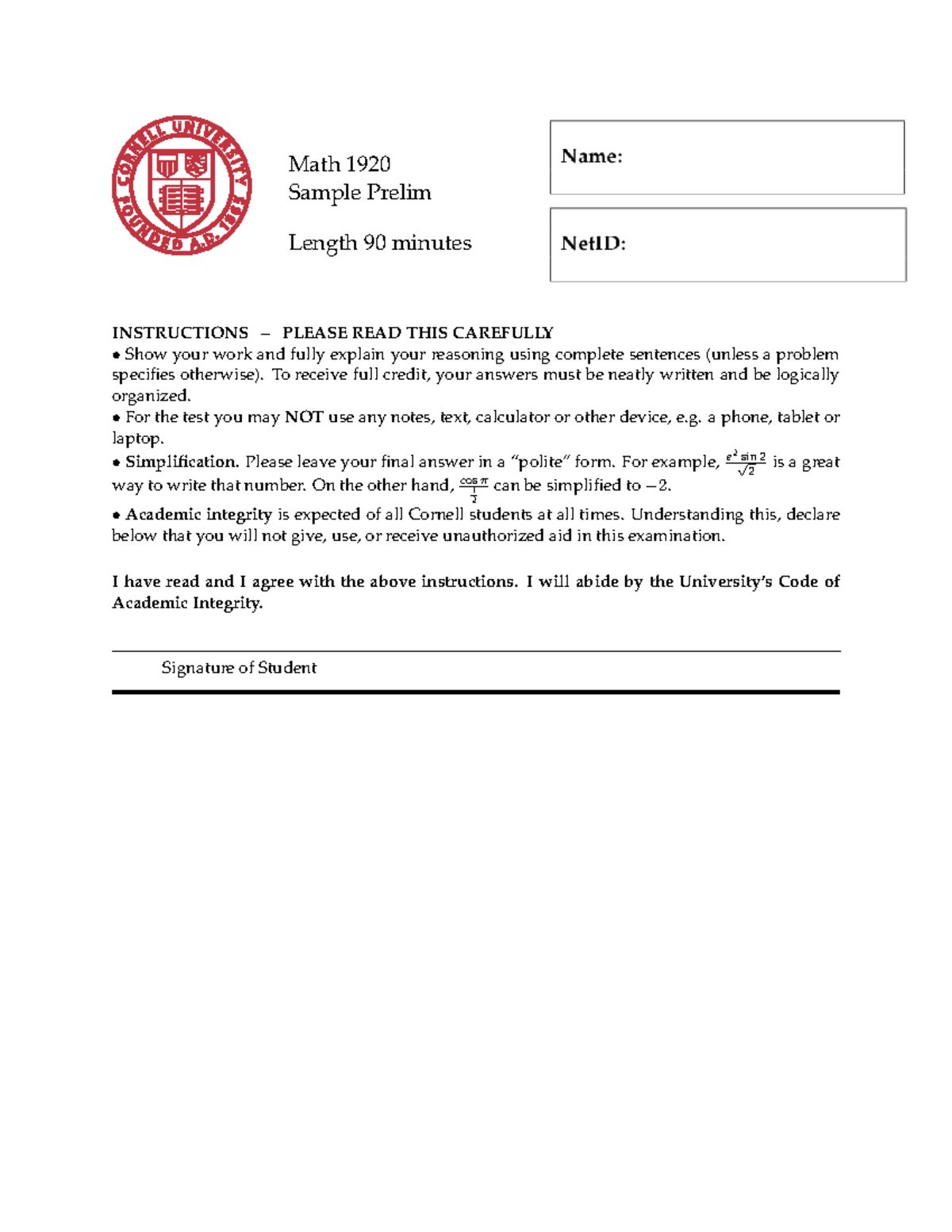 Sample Prelim 1 - Math 1920 Sample Prelim Length 90 minutes ...