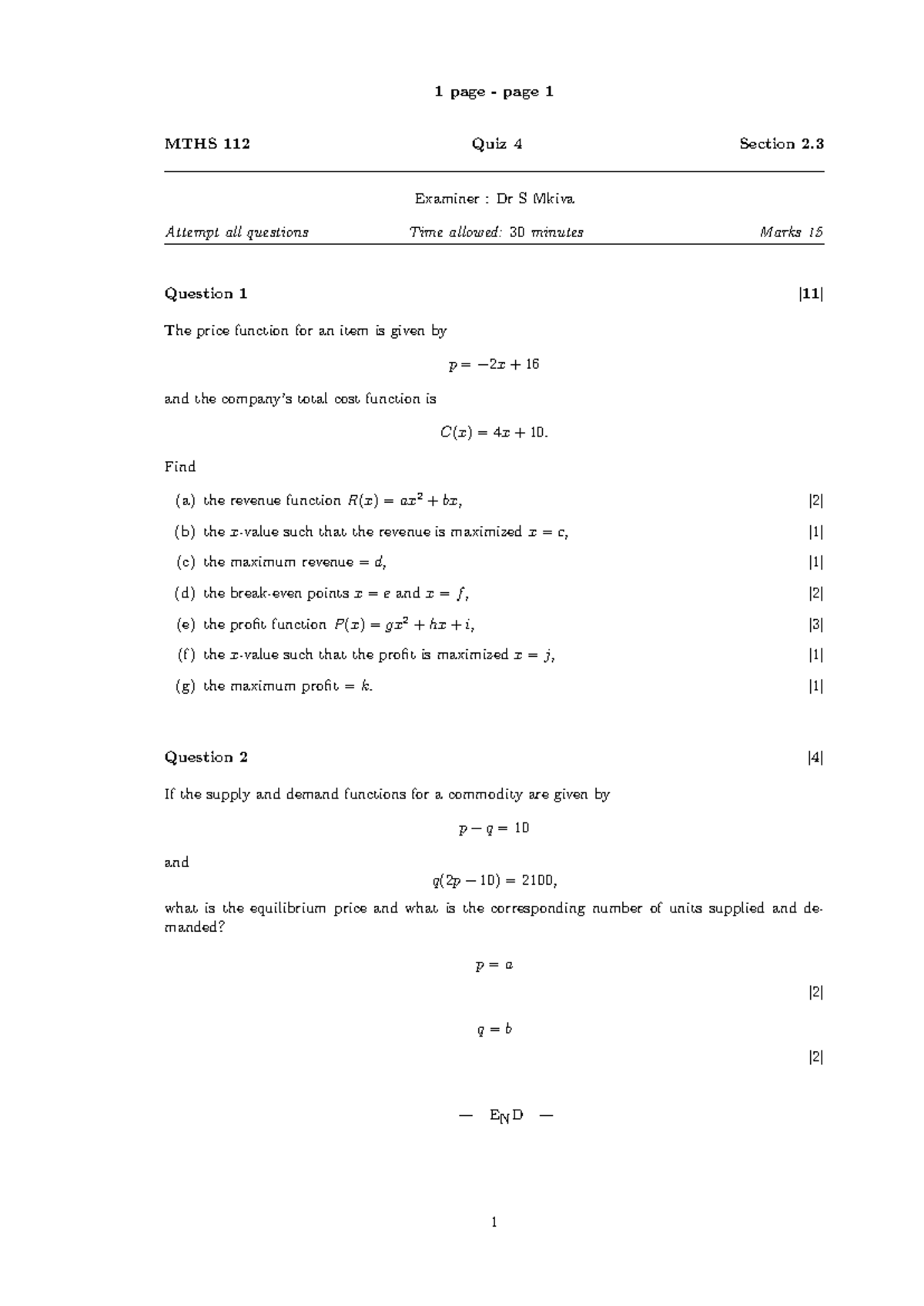MTHS 112 Quiz 4: Revenue & Profit Functions Analysis - Studocu