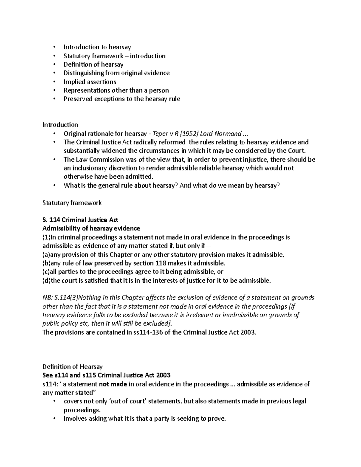 Evidence Hearsay Lecture (CJA 2003 Overview & Key Concepts) - Studocu