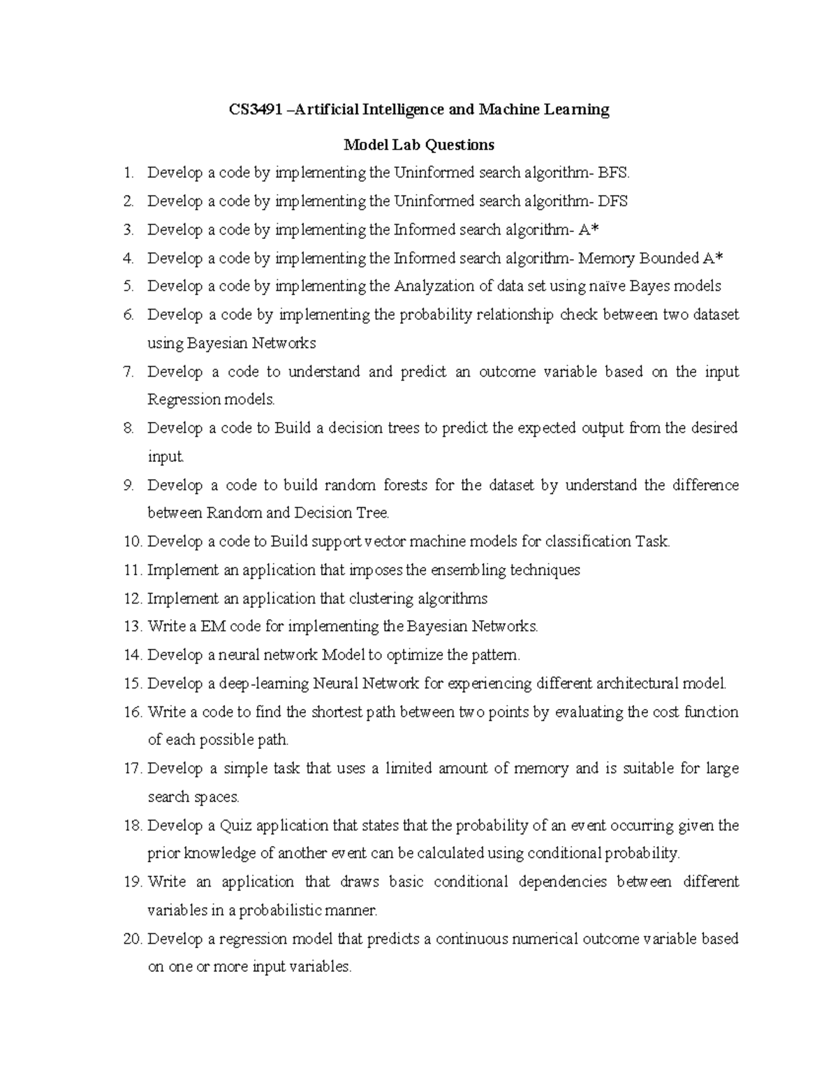 CS3491 AIML Lab Questions: Code Implementations & Applications - Studocu