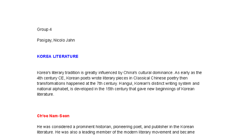 KOREA LITERATURE: Influence of Cultural Dominance on Literary Tradition ...