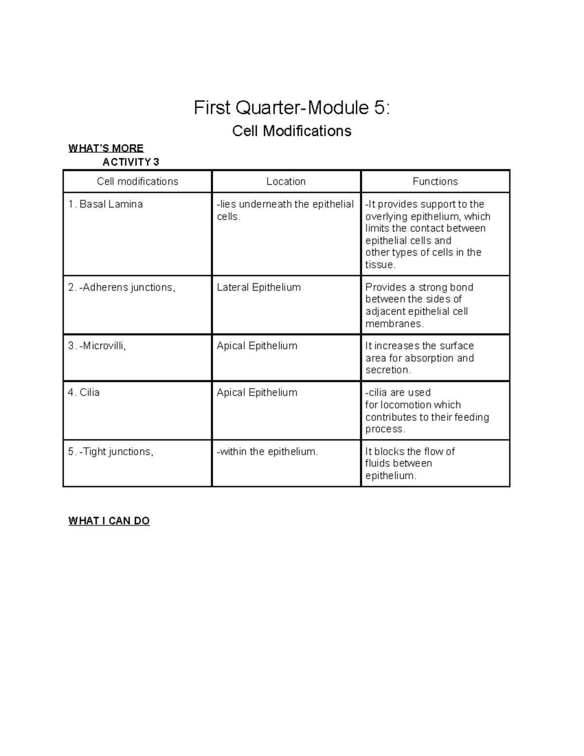 BIO 101: Important Cell Modifications and Their Functions - Studocu