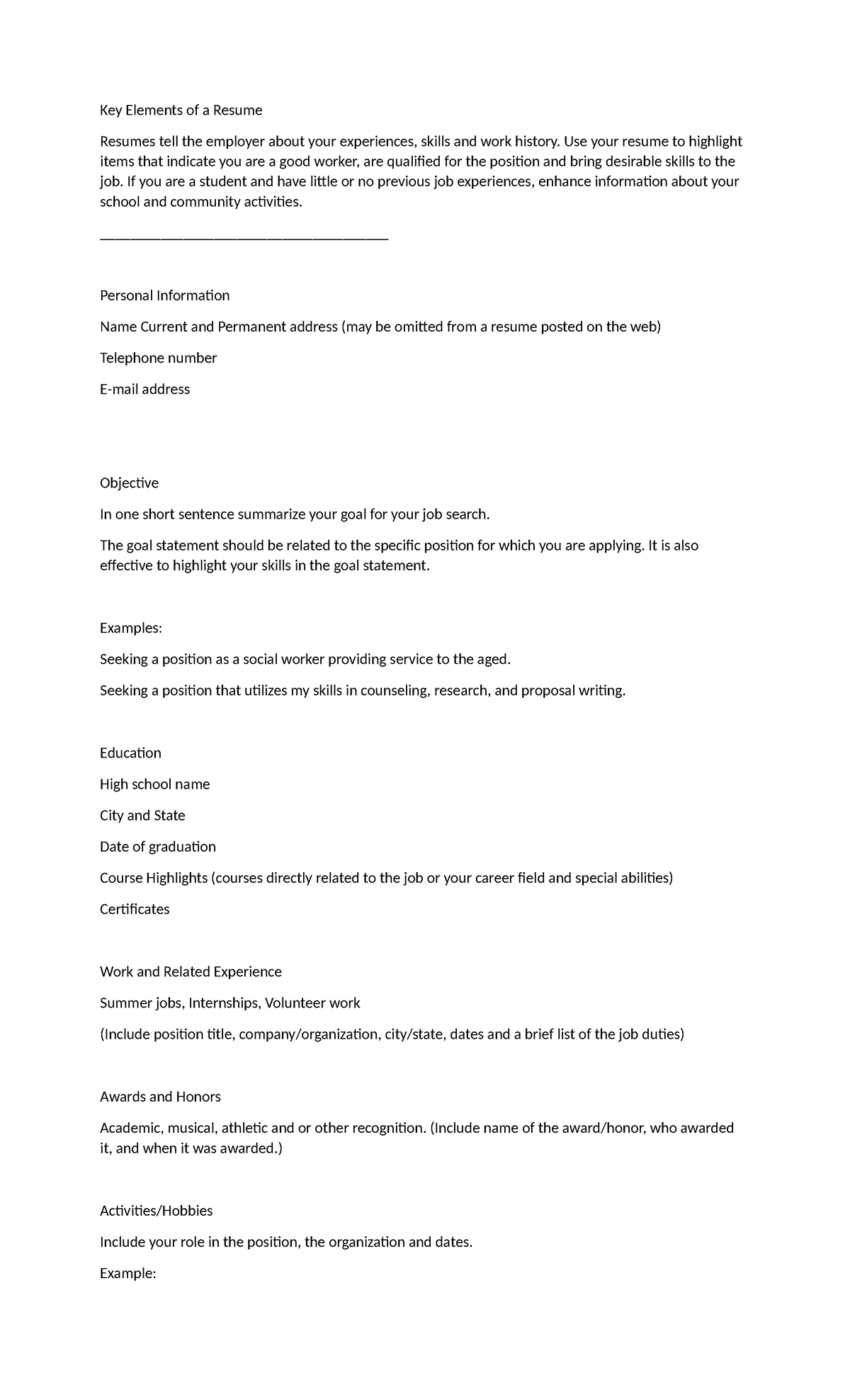 Key Elements of a Resume - Key Elements of a Resume Resumes tell the ...
