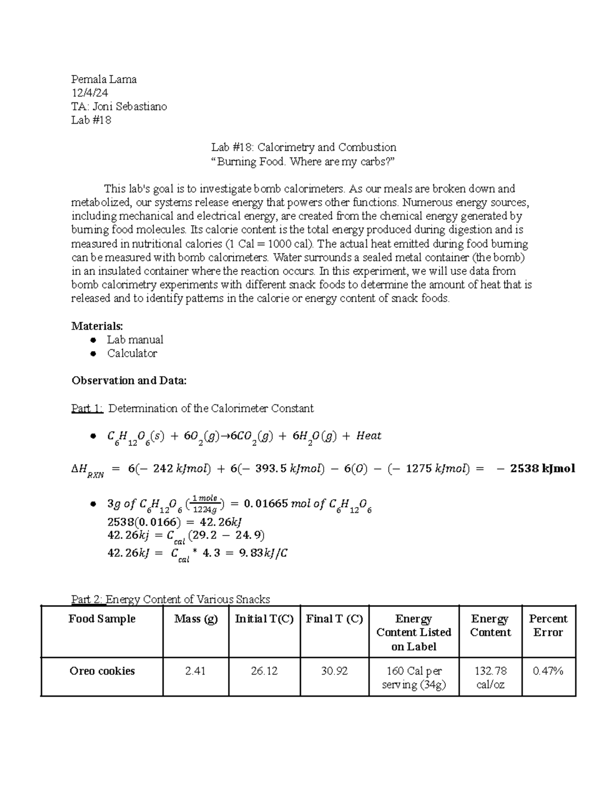 Lab #18: Calorimetry and Combustion of Food Energy Content - Studocu