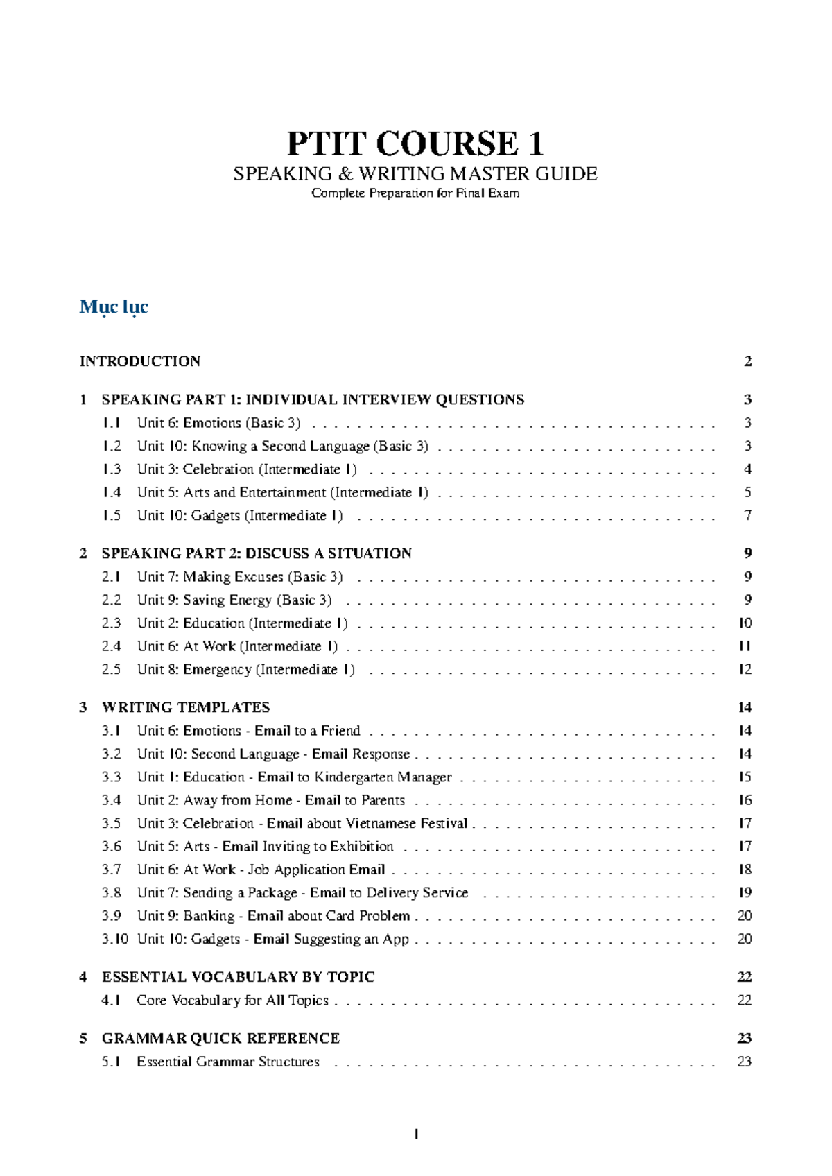 PTIT Course 1 - Speaking & Writing Final Exam Preparation Guide - Studocu