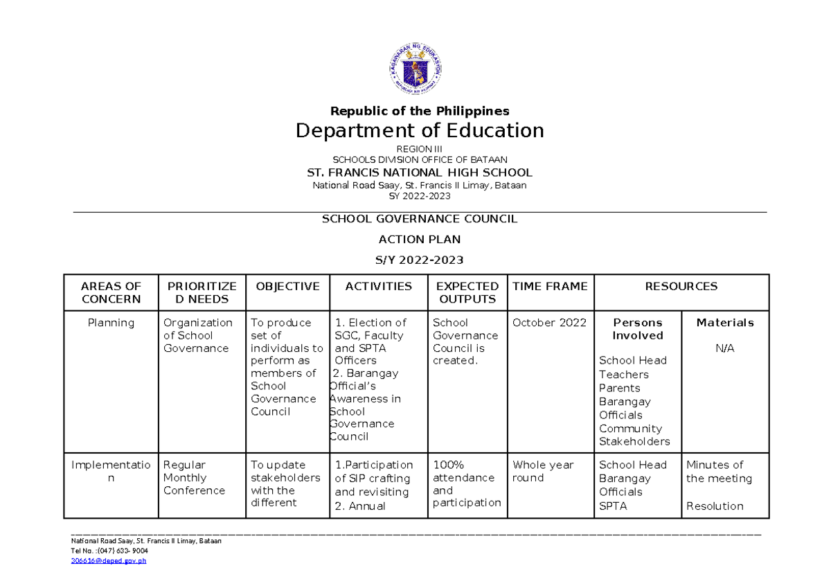 [SGC] Action Plan Template for School Governance Council 2022 - Studocu