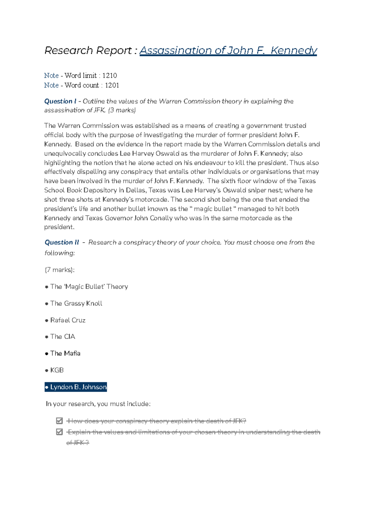 History Research Report: Assassination of JFK Analysis - Studocu