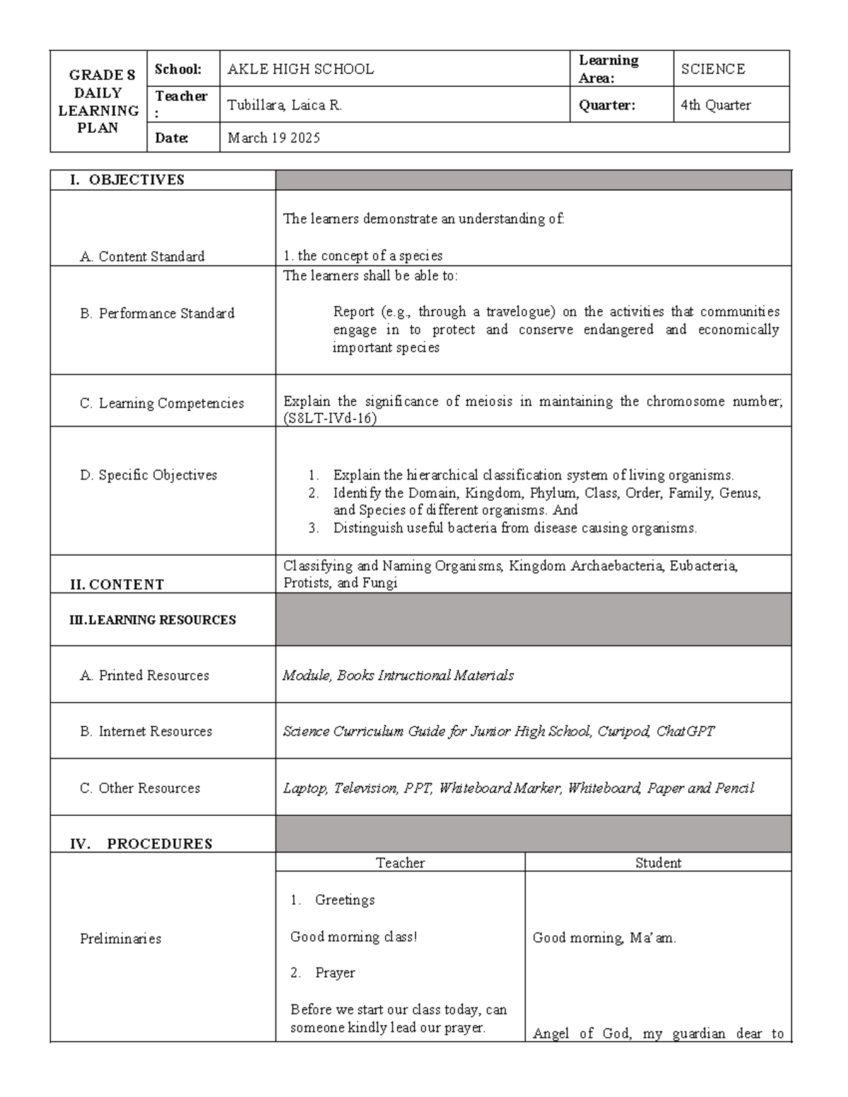 Grade 8 Daily Learning Plan: Classifying & Naming Organisms (4th Qtr ...