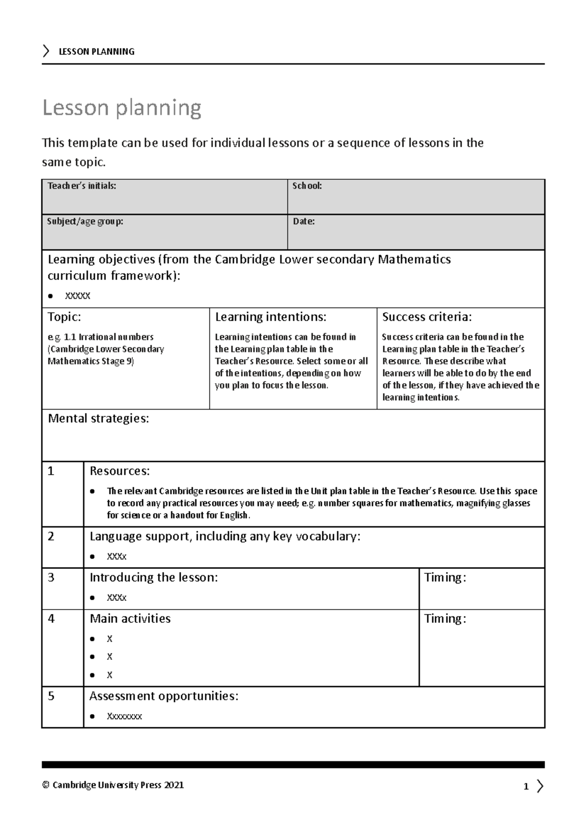 Cambridge Lower Secondary Math Stage 9 Lesson Plan Template - Studocu
