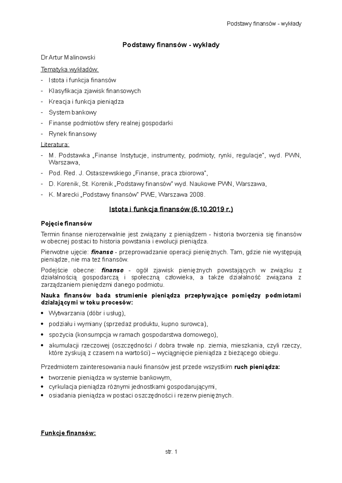 Wykłady z przedmiotu Podstawy Finansów (PF101) - Dr Artur Malinowski - Studocu