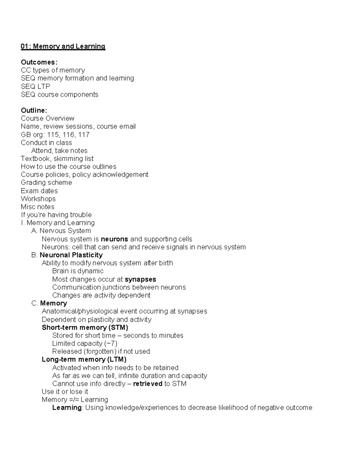 Memory and Learning Workshop Overview & Study Guide (Course Code: GB ...