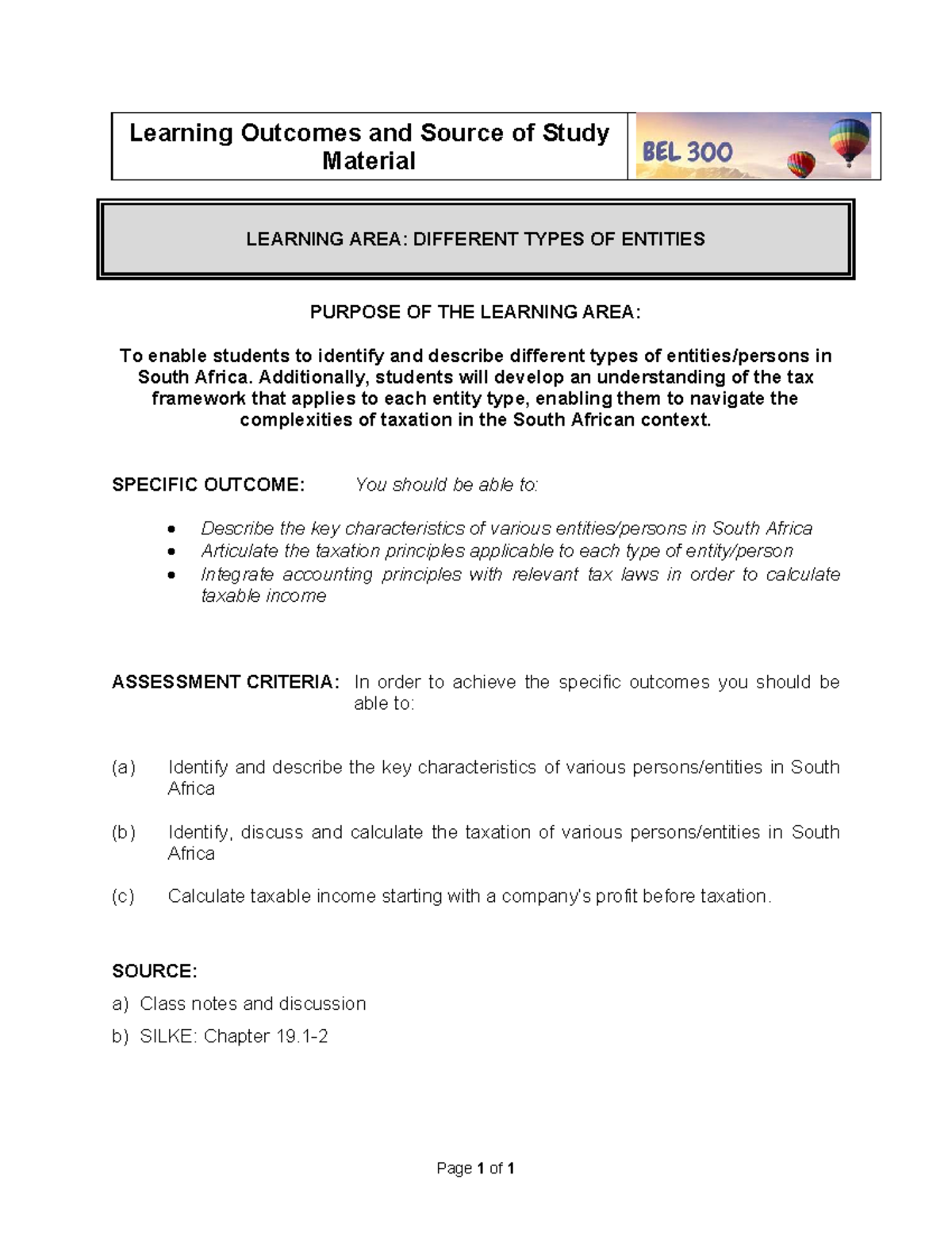 Learning Outcomes: Different Types of Entities in SA - Studocu