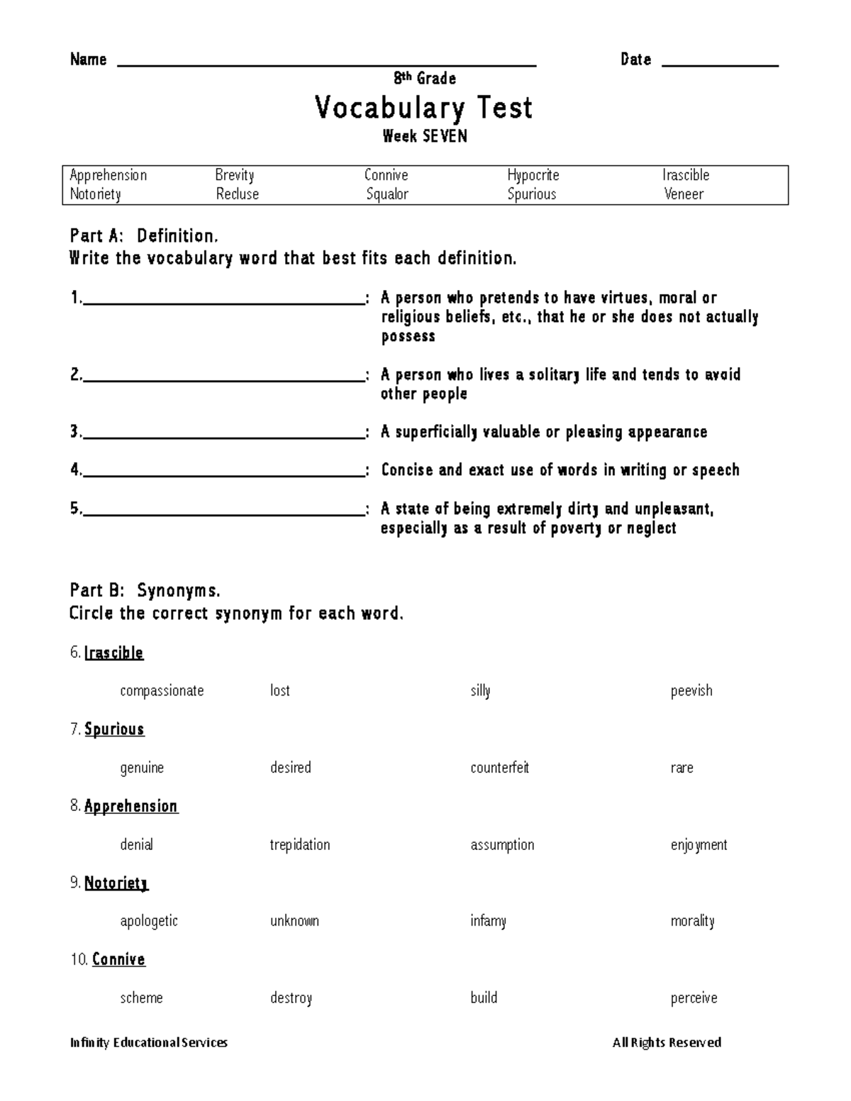 8th Grade Vocabulary Test Week 7: Definitions & Synonyms - Studocu