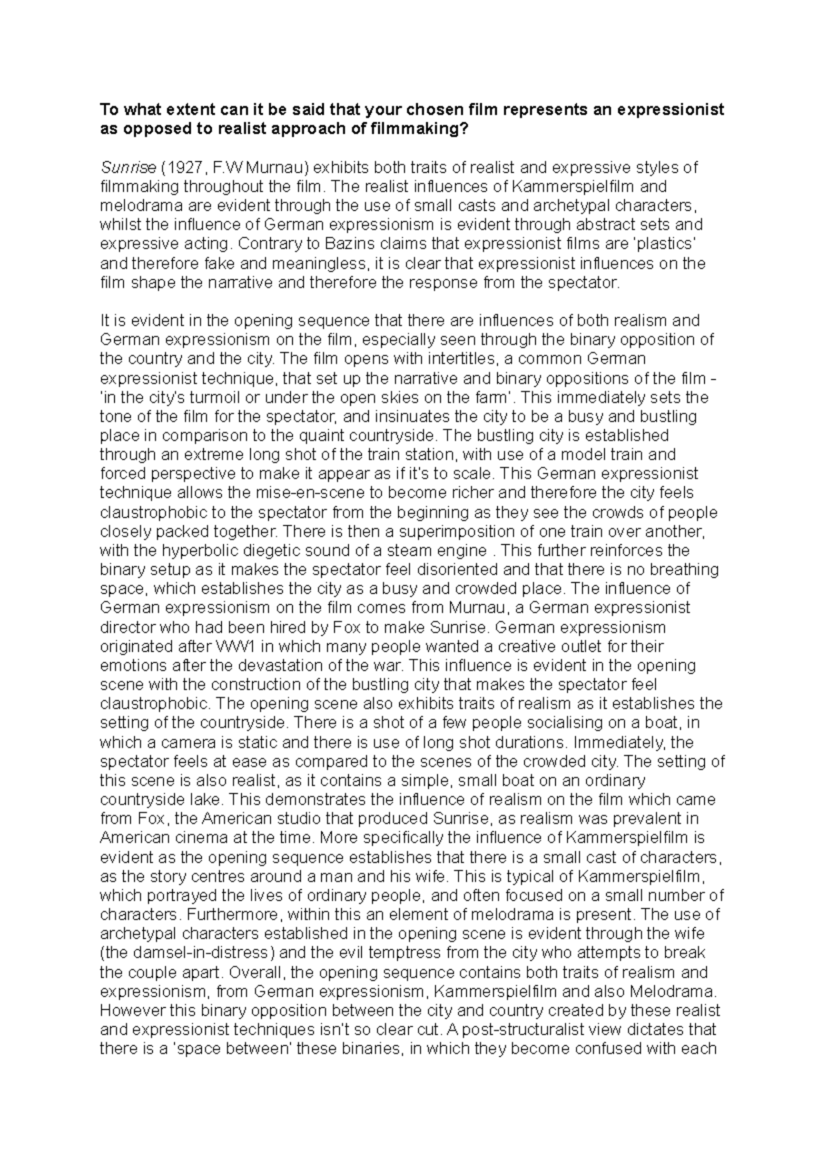 Silent Film Essay 2 (Band 5): Analyzing Realism vs. Expressionism in ...