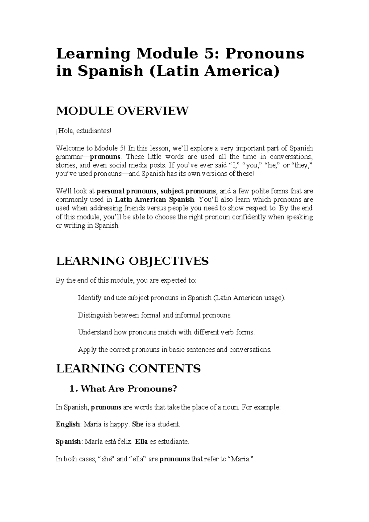 Learning Module 5: Spanish Pronouns (Latin America) Overview - Studocu