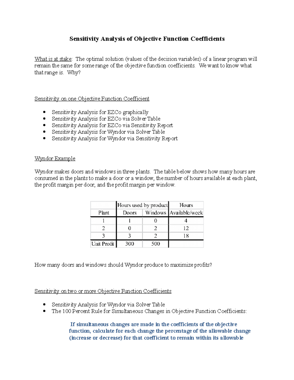Sensitivity Analysis of Objective Function Coefficients (Final Exam ...