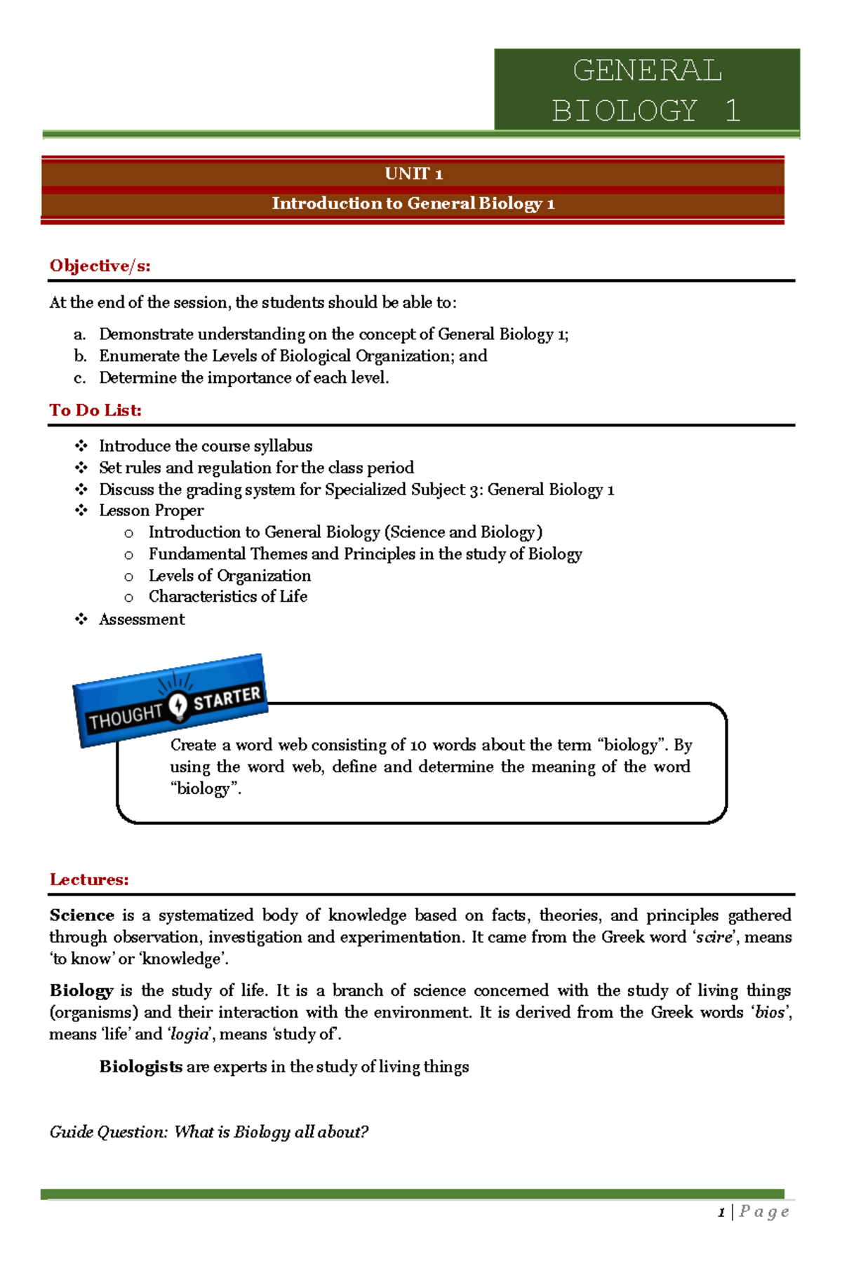 General Biology 1: Comprehensive Study Guide and Lecture Notes - Studocu