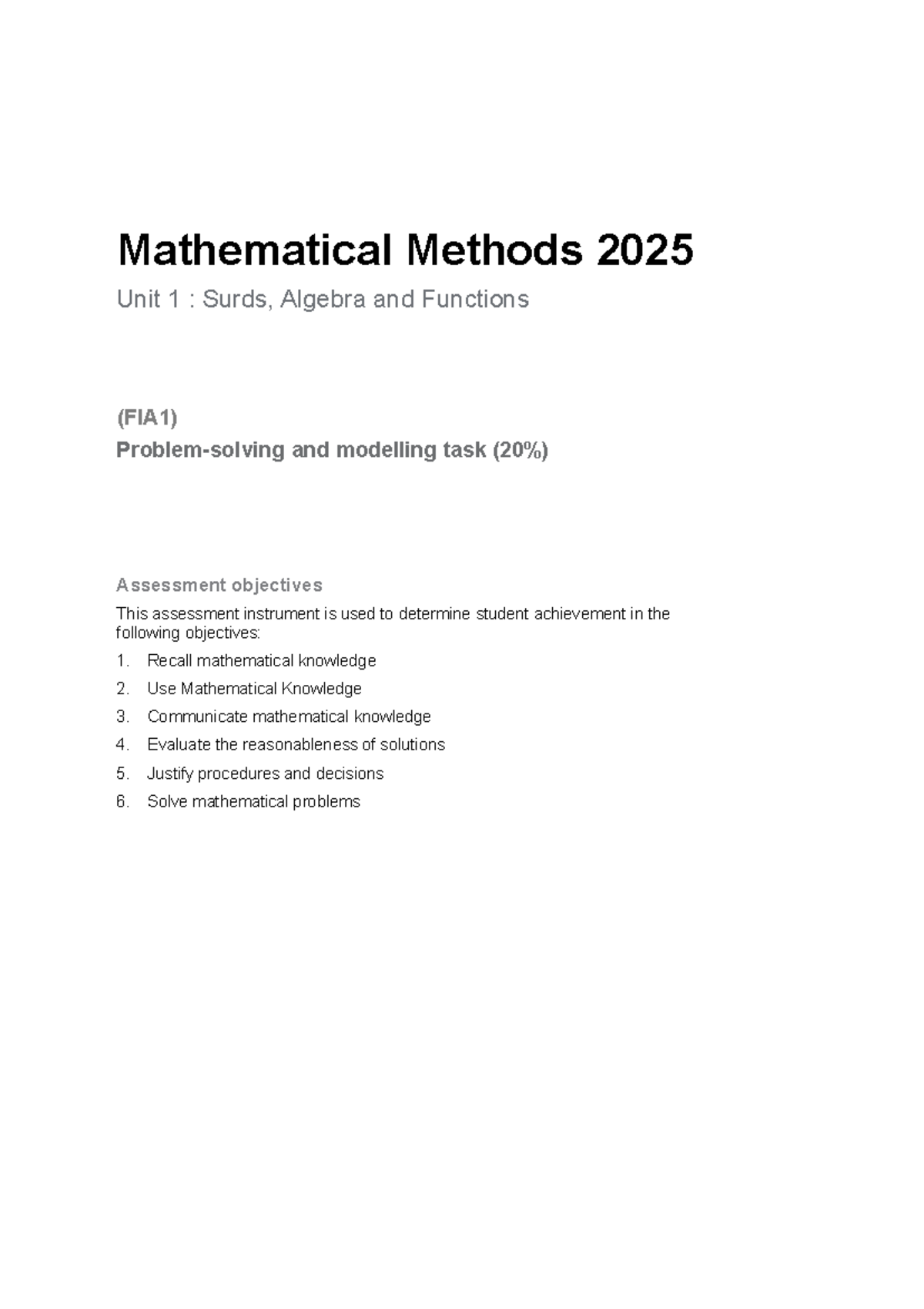 Mathematical Methods 2025 IA1: Surds, Algebra & Functions Assessment ...