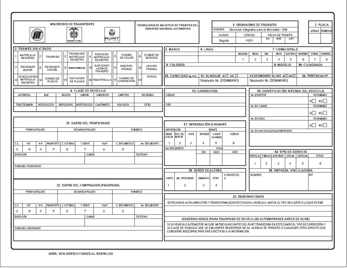 Formulario de Solicitud de Trámites del Registro Nacional Automotor ...