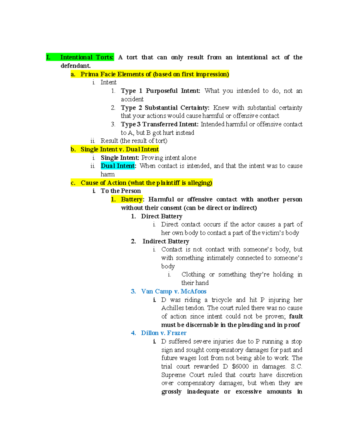 Torts Outline: Key Concepts and Cases for Law Exam Preparation - Studocu