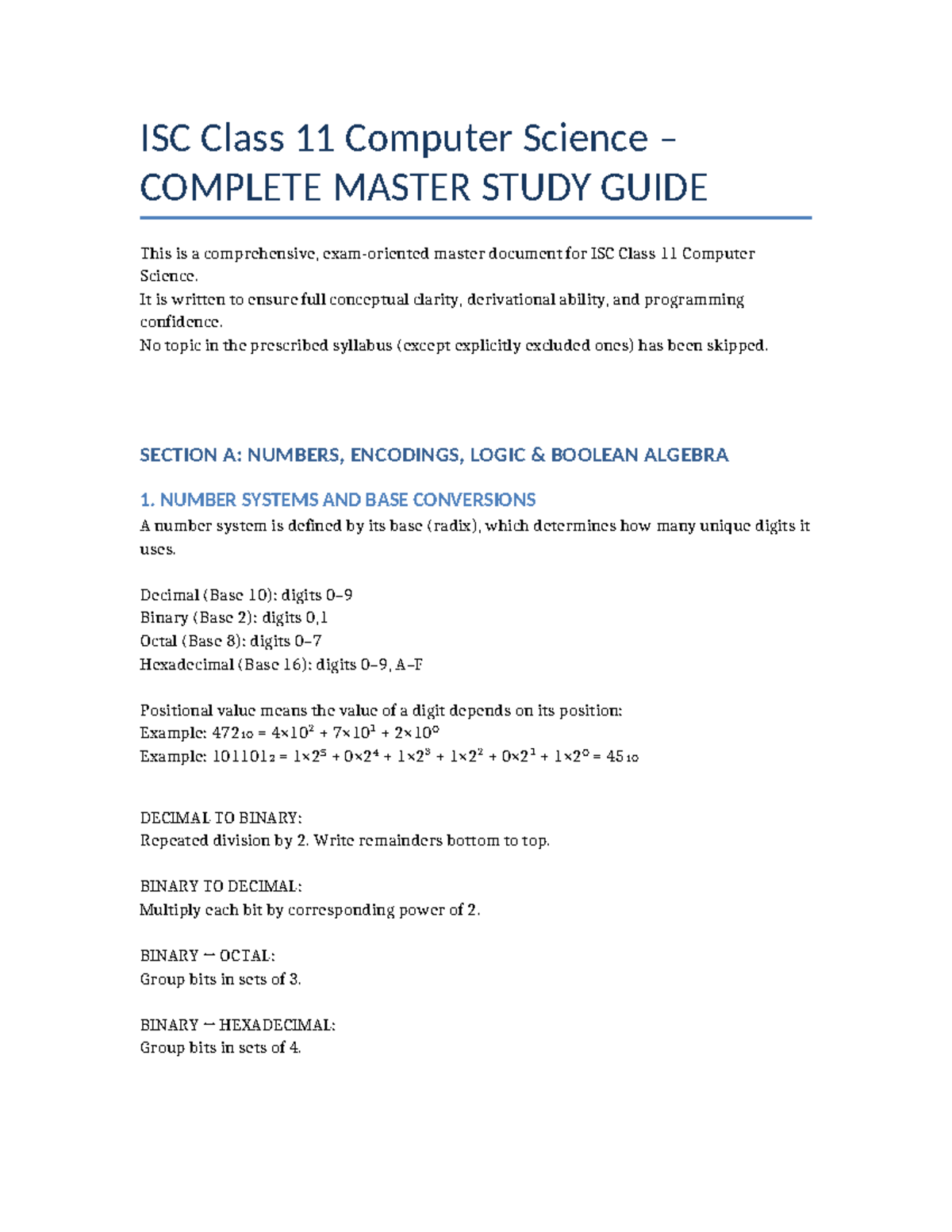 ISC Class 11 Computer Science Master Study Guide - Studocu