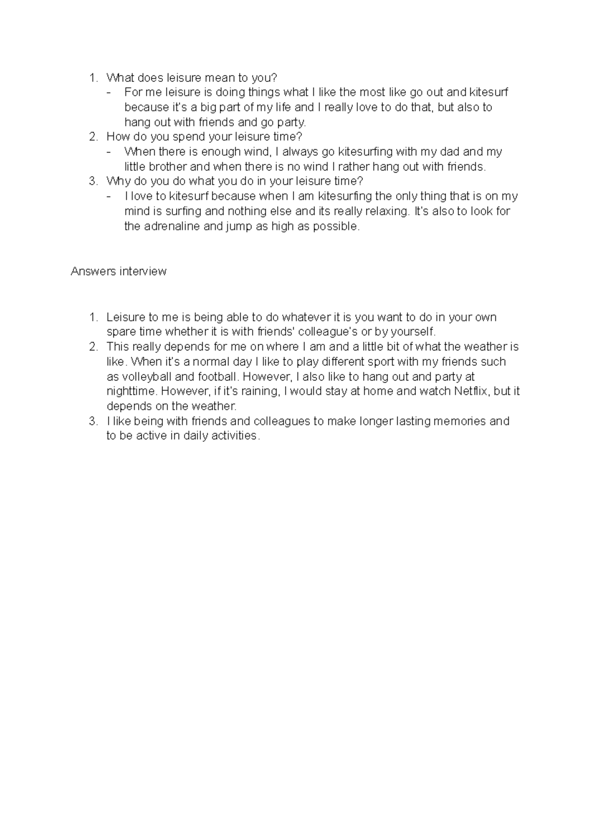 Leisure Interview Questions and Responses: Personal Insights - Studeersnel