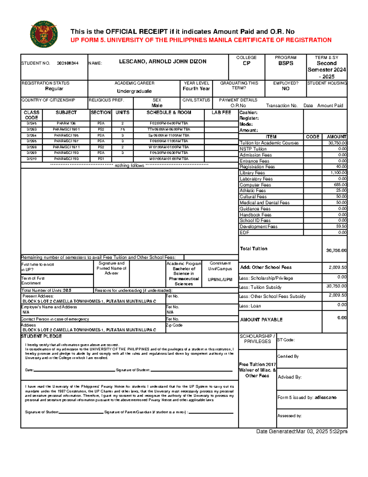 UP FORM 5: Official registration receipt for Arnold John Dizon Lescano ...