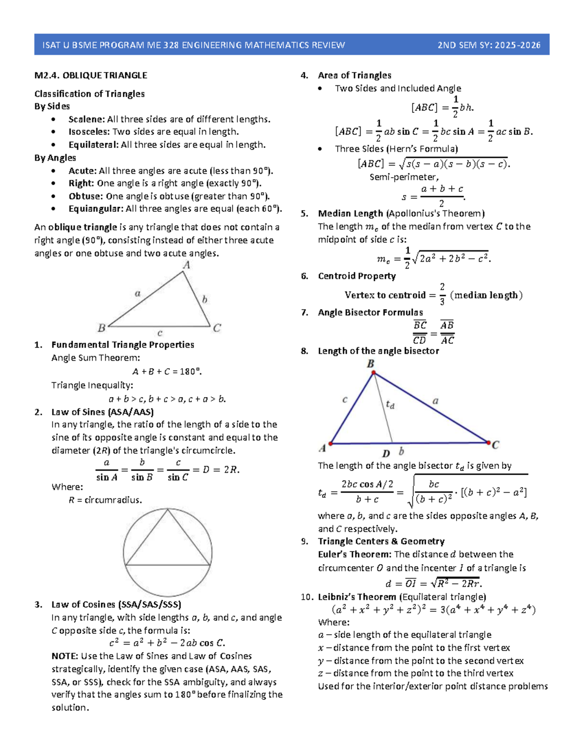 ME 328 Engineering Mathematics Review: Oblique Triangles - Studocu
