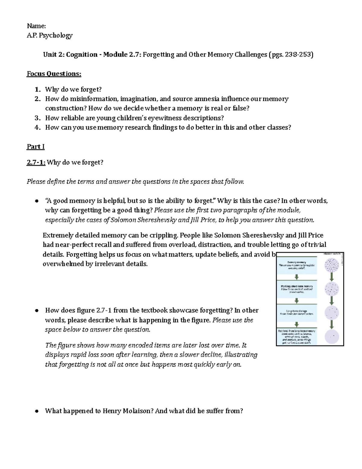 A.P. Psychology Unit 2: Cognition Module 2.7 - Memory Challenges ...