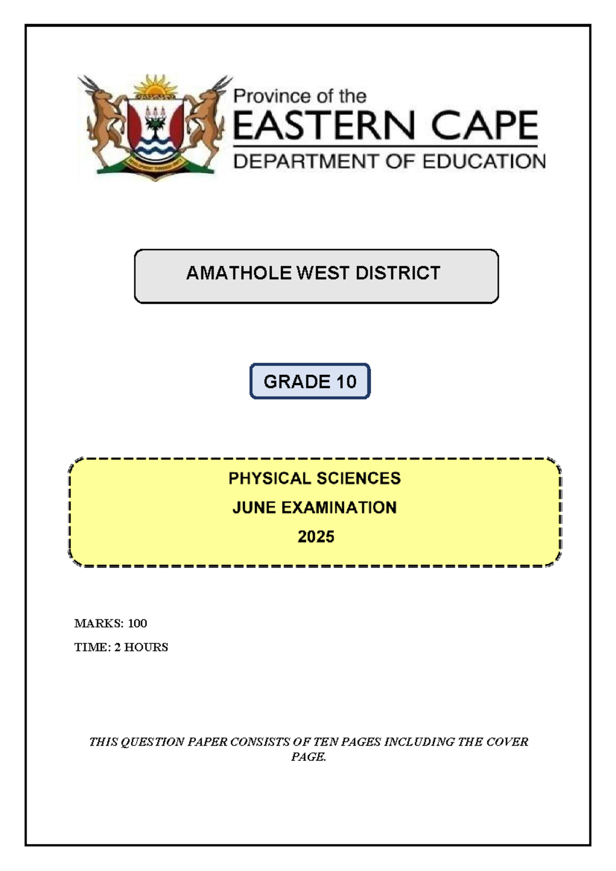 Physical Sciences Grade 10 June Exam 2025 - Question Paper - Studocu
