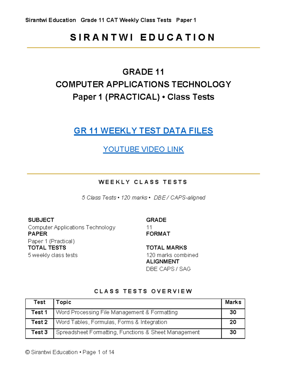 Grade 11 CAT Weekly Class Tests Paper 1 Overview and Guidelines - Studocu