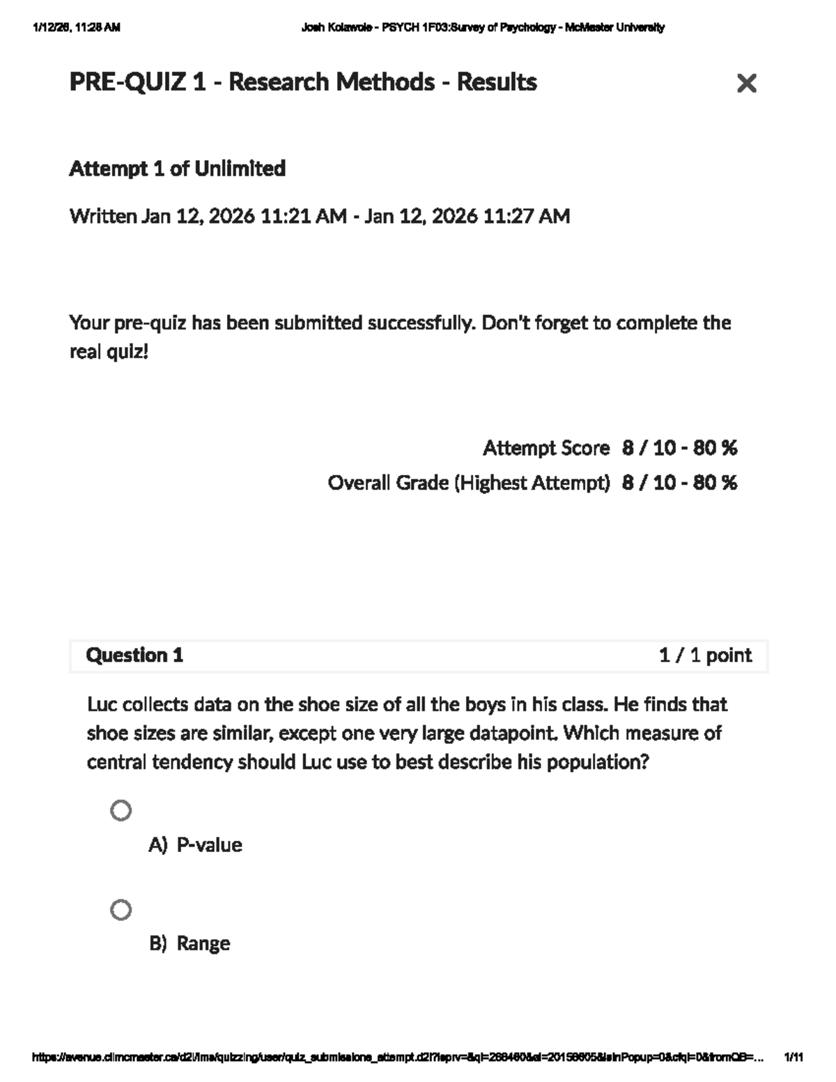 Quiz 1 Results and Feedback for PSYCH 1F03: Survey of Psychology - Studocu