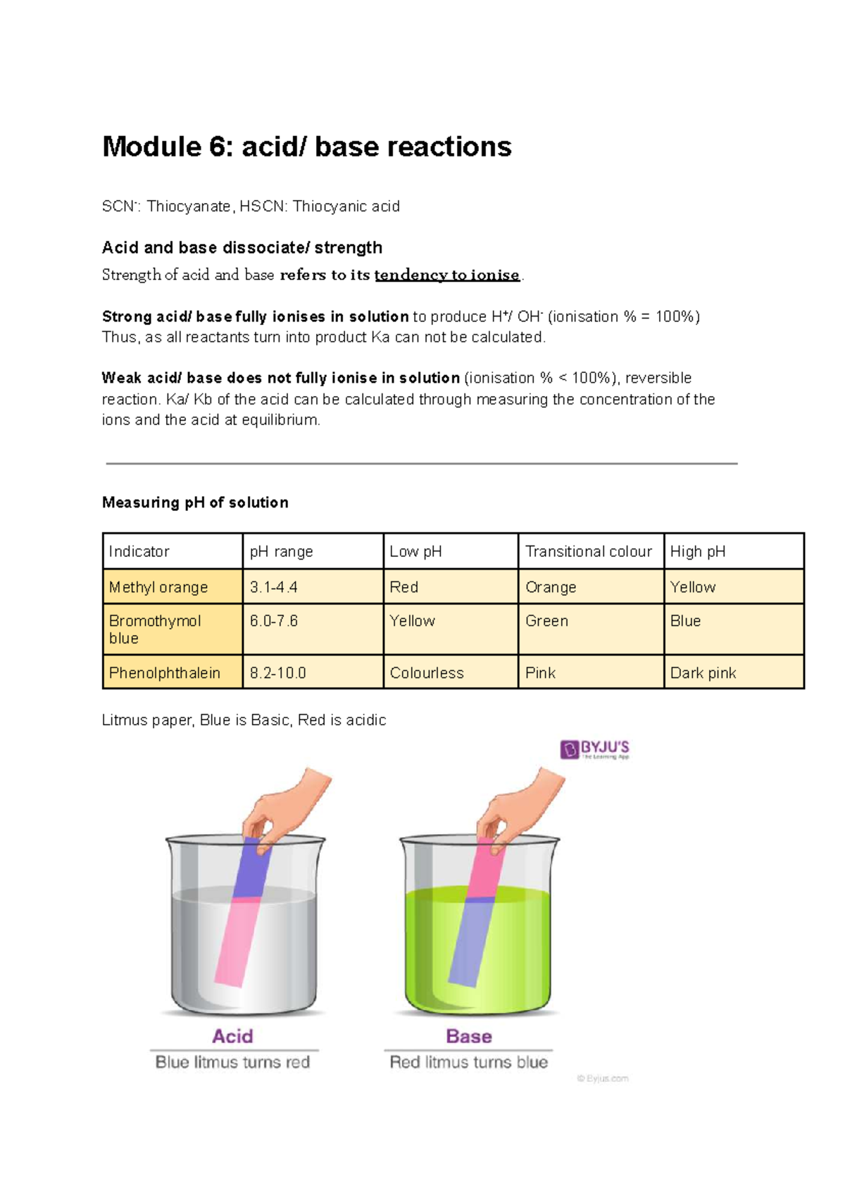 Chemistry HSCN Module 6: Acid-Base Reactions and Titration Notes - Studocu