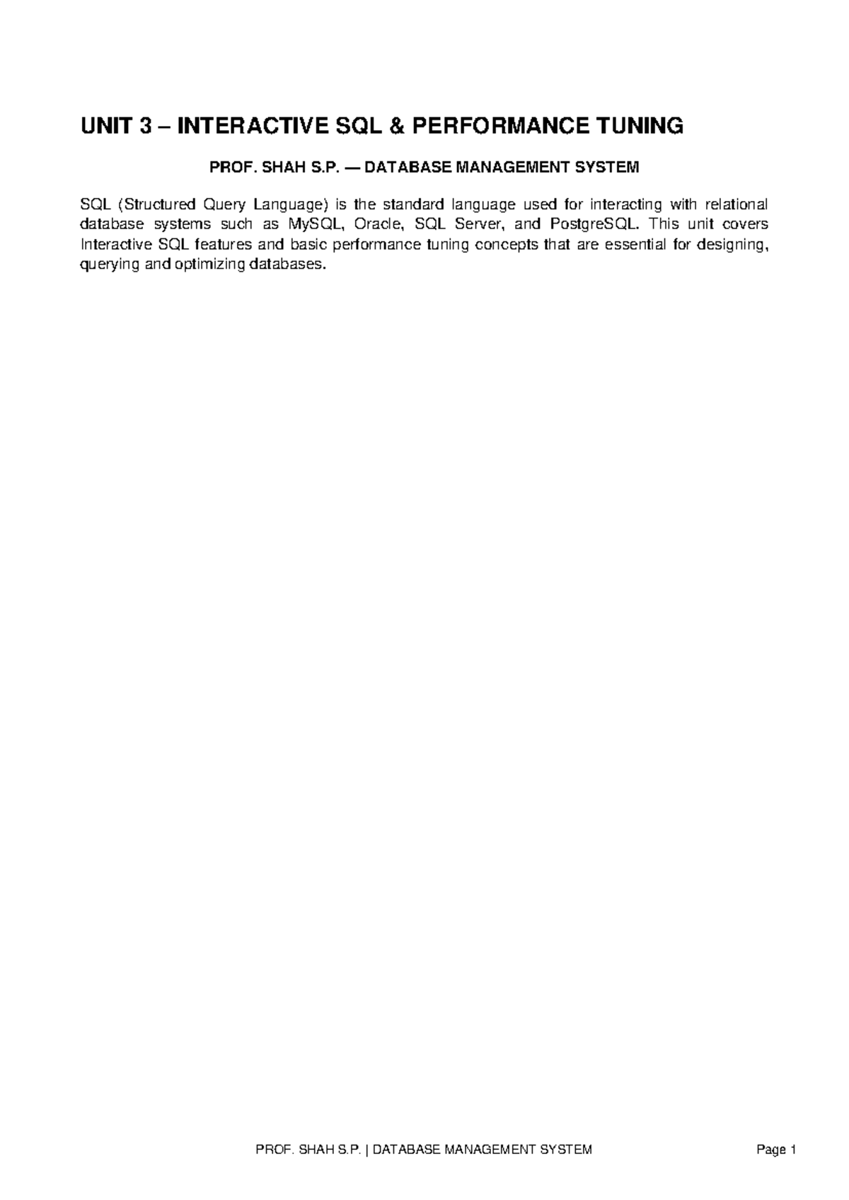 Unit 3: Interactive SQL Performance Tuning Notes (DBMS) - Studocu